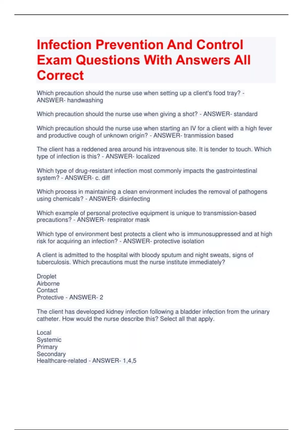 Infection Prevention And Control Exam Questions With Answers All Correct Infection Prevention