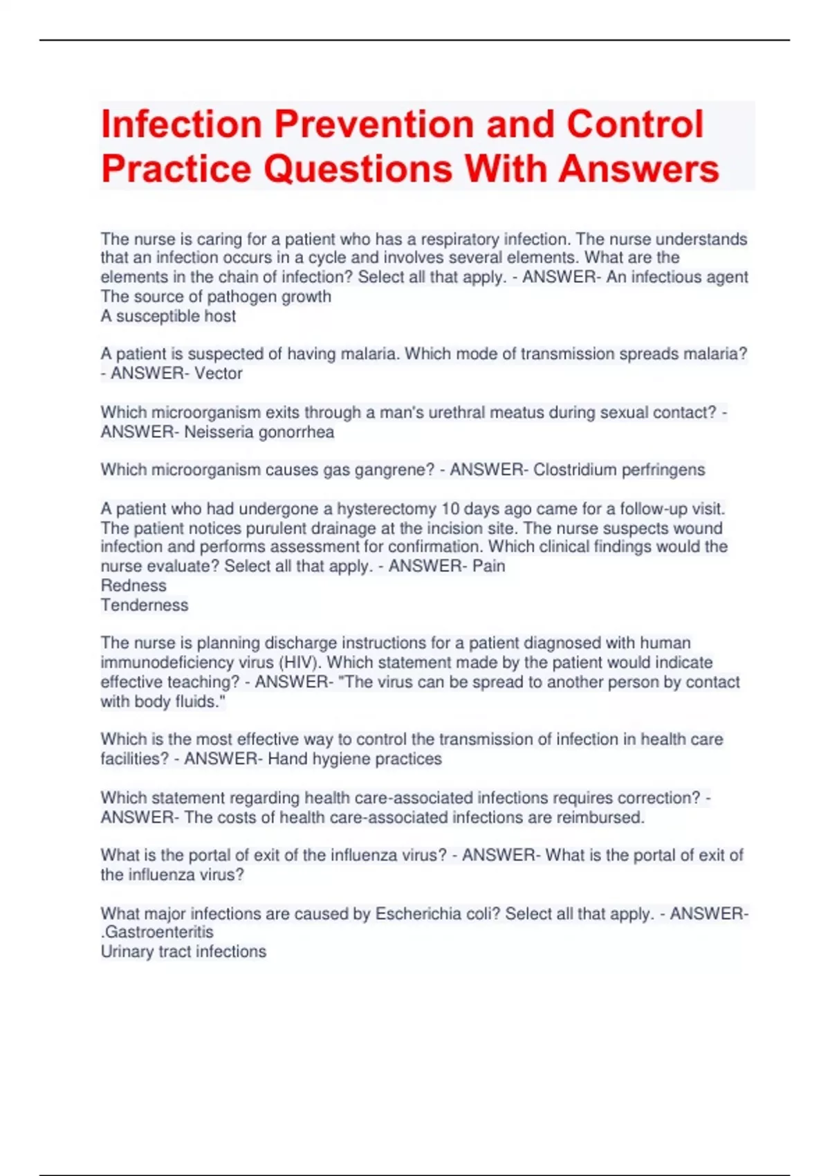 Infection Prevention and Control Practice Questions With Answers ...