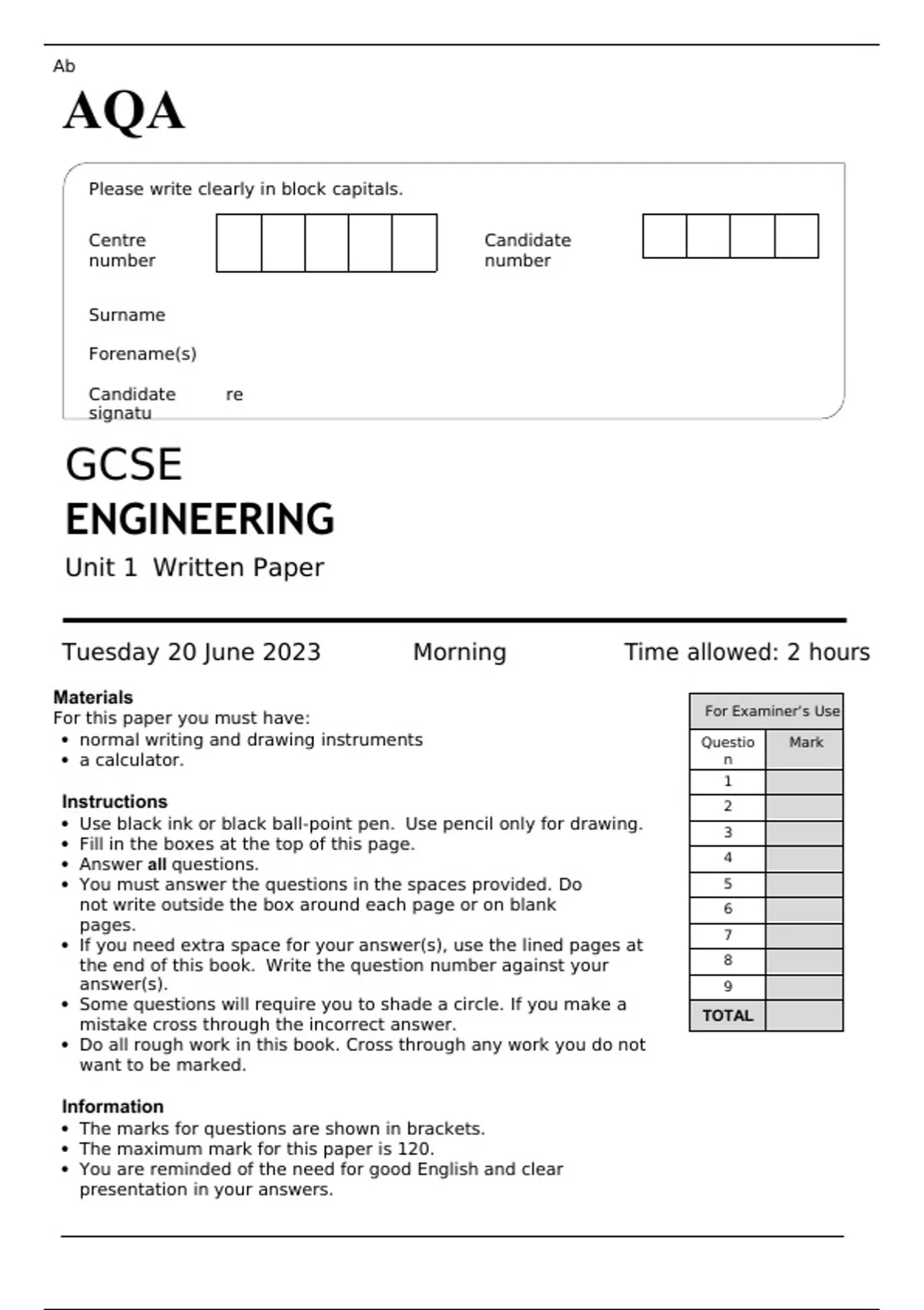 AQA GCSE ENGINEERING Unit 1 JUNE 2023 QUESTION PAPER: Written Paper ...