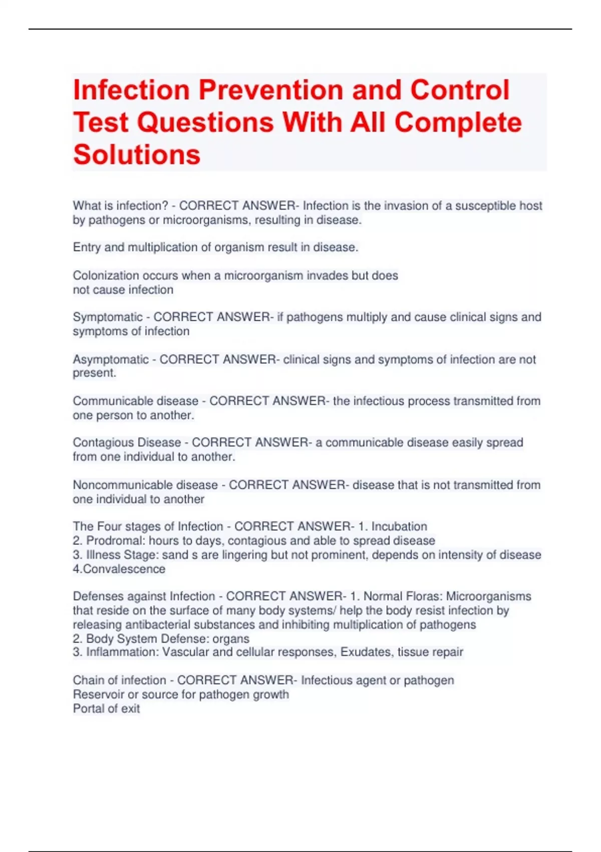 Infection Prevention and Control Test Questions With All Complete ...