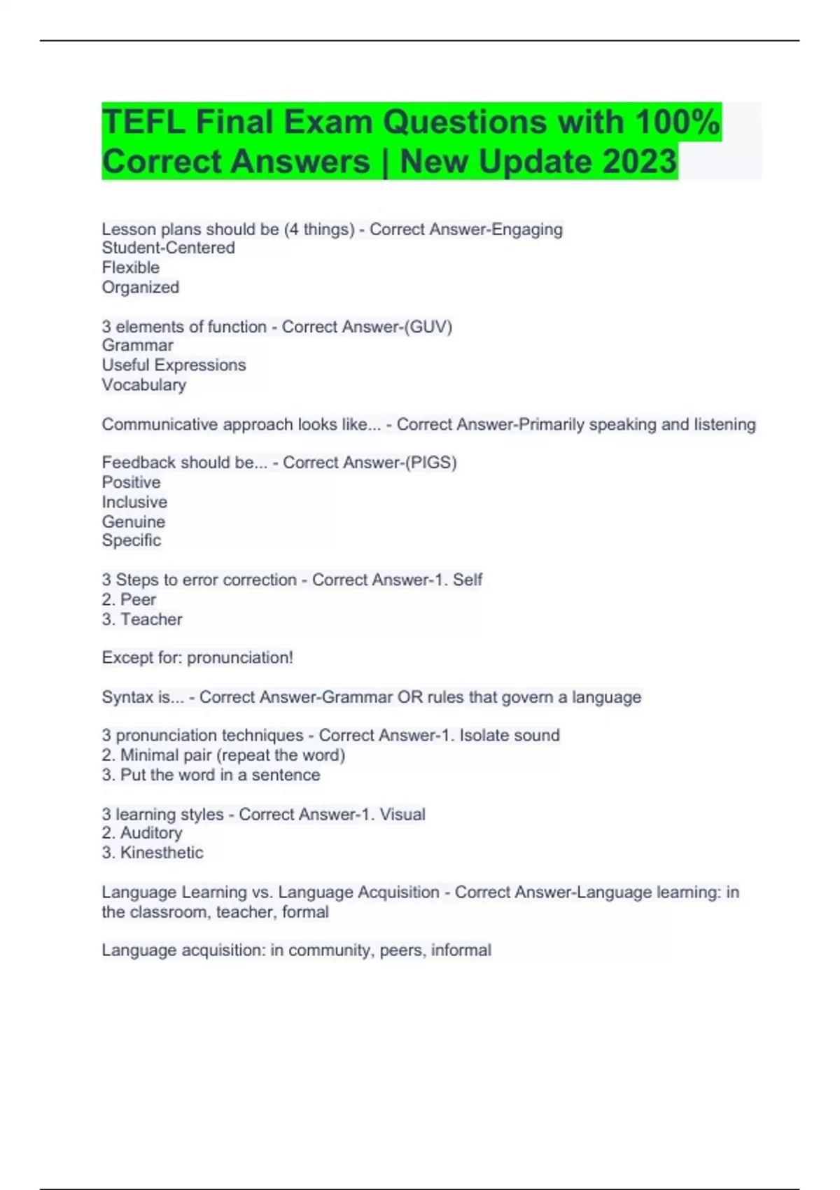 TEFL Final Exam Questions with 100% Correct Answers | New Update 2023 - TEFL - Stuvia US