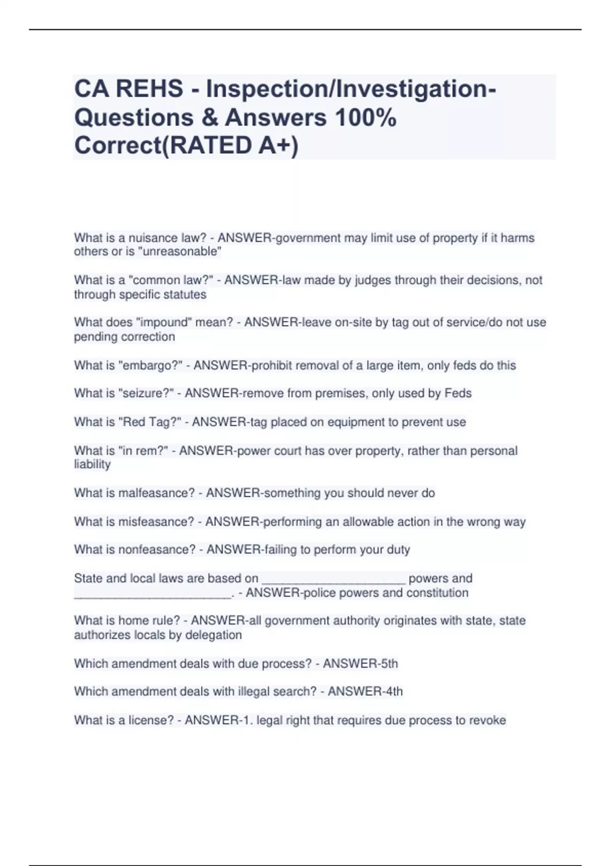 CA REHS - Inspection/Investigation-Questions & Answers 100% Correct ...