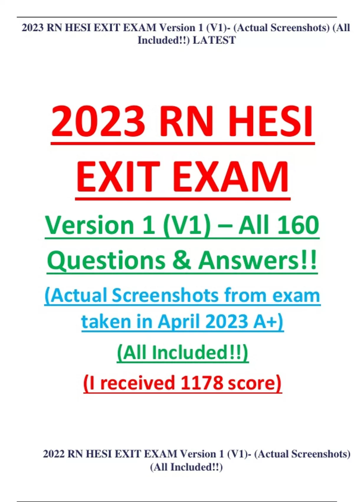 2023 RN HESI EXIT EXAM Version 1 (V1)- (Actual Screenshots) (All ...