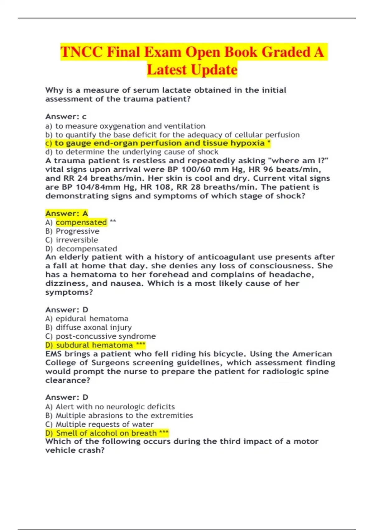 TNCC Final Exam Open Book Graded A Latest Update, 2023 - TNCC Open Book ...