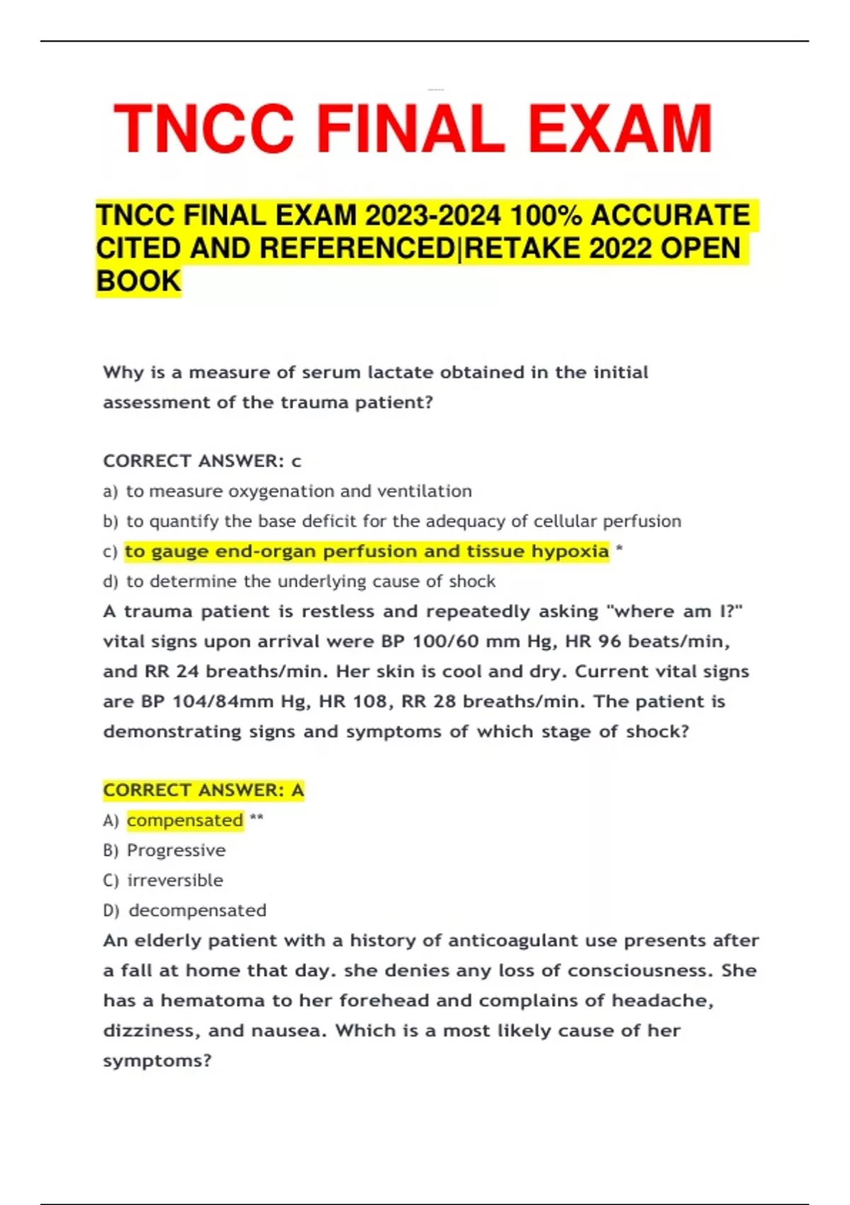 TNCC FINAL EXIT EXAM % ACCURATE CITED AND REFERENCED|RETAKE 2022 OPEN ...