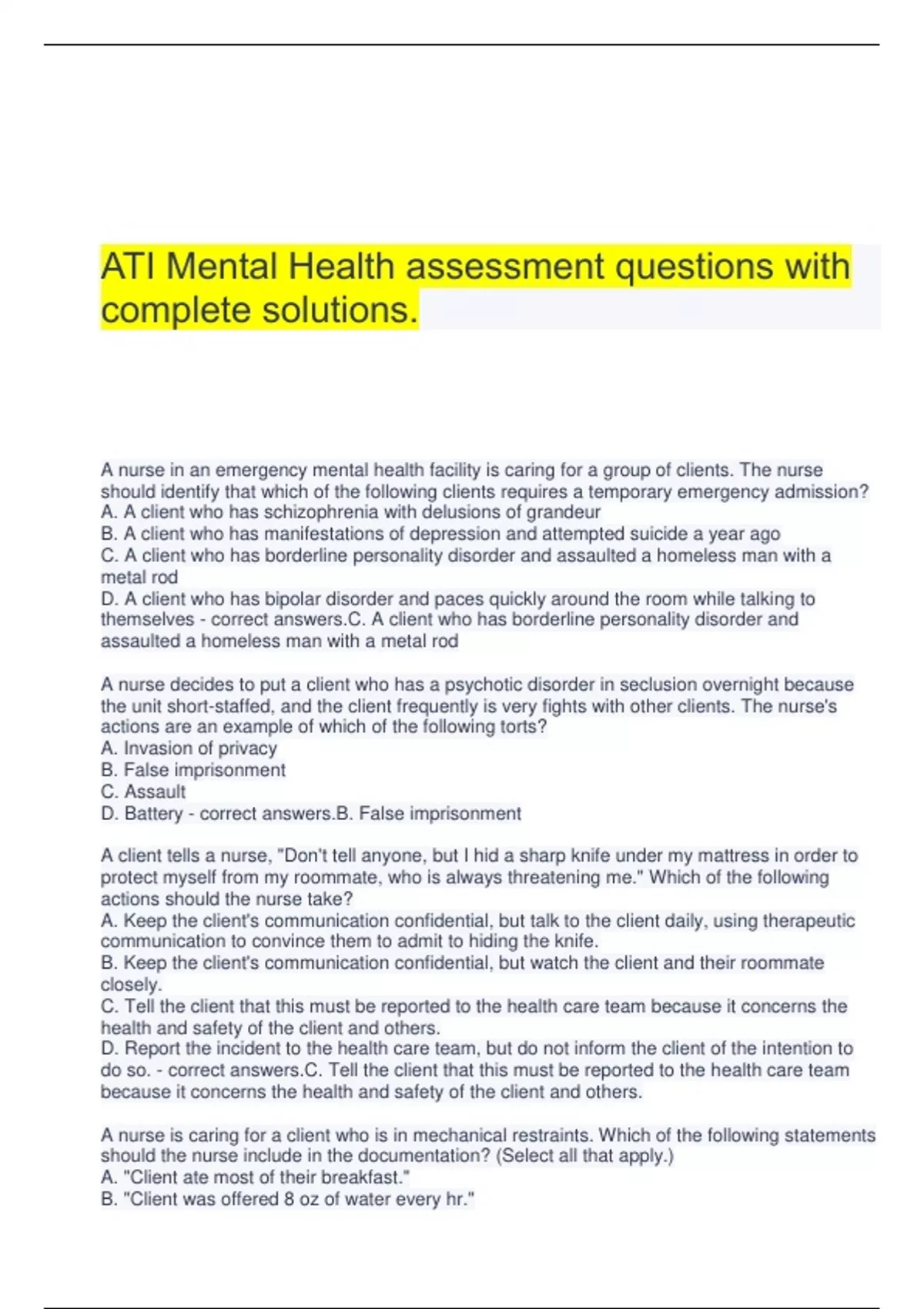 ATI Mental Health assessment questions with complete solutions. - ATI ...