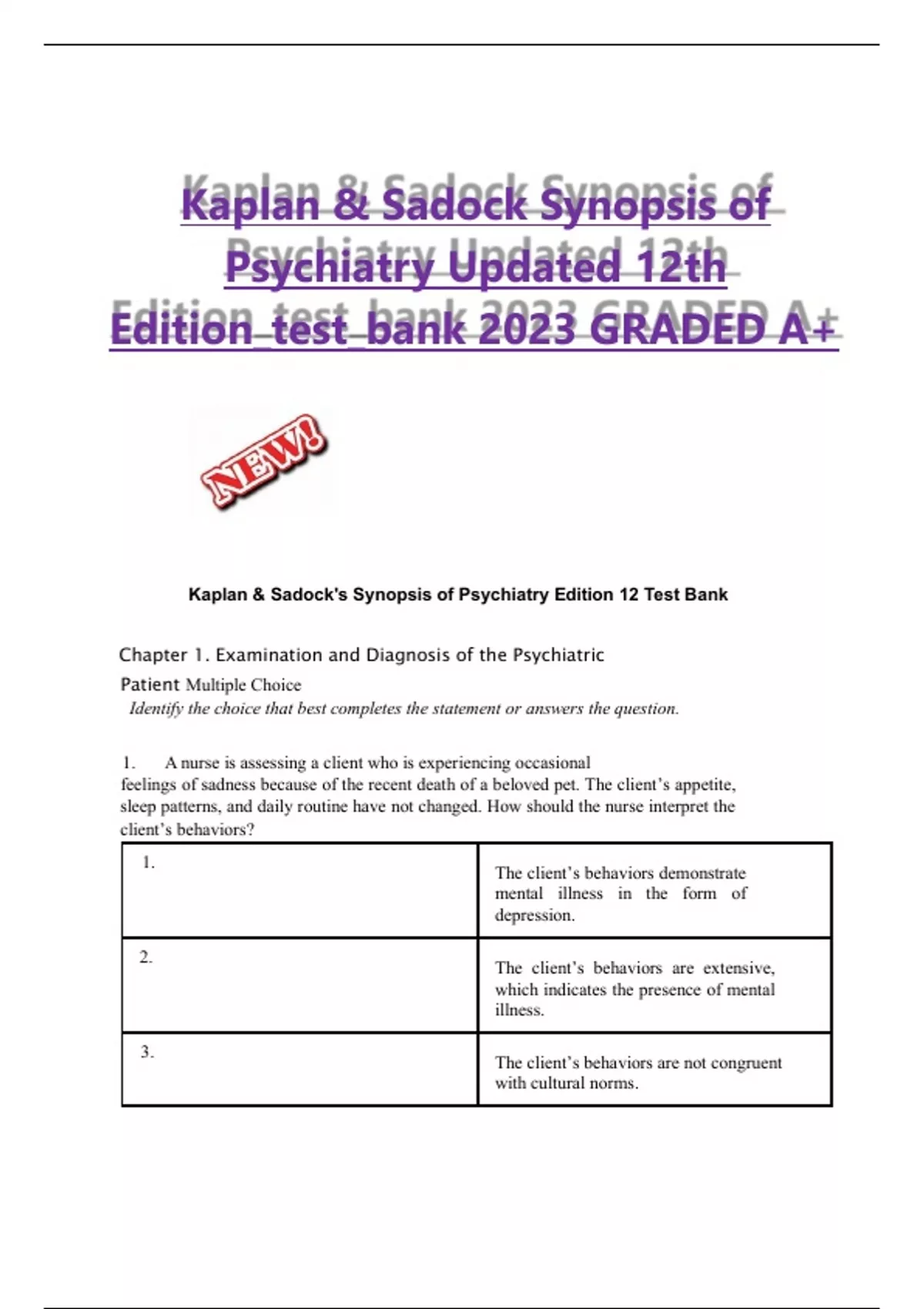 Kaplan & Sadock Synopsis of Psychiatry Updated 12th Edition_test_bank ...