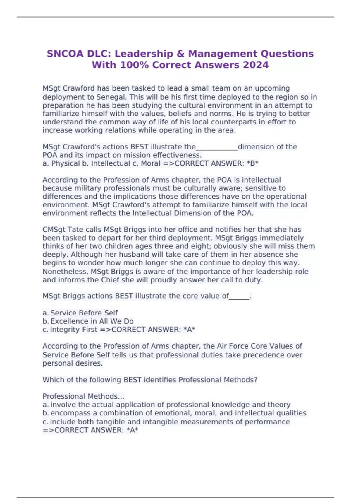 SNCOA DLC: Leadership & Management Questions With 100% Correct Answers ...