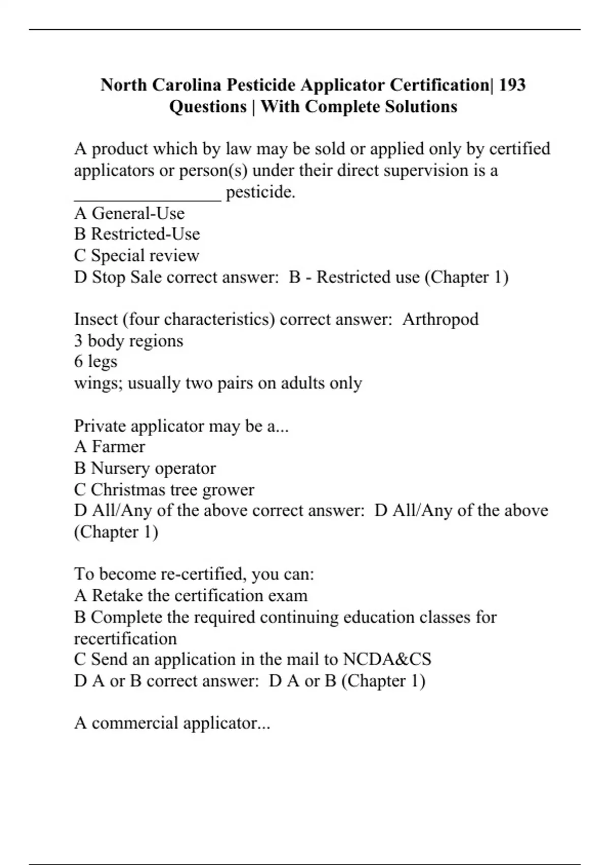 North Carolina Pesticide Applicator Certification Tests Compilation