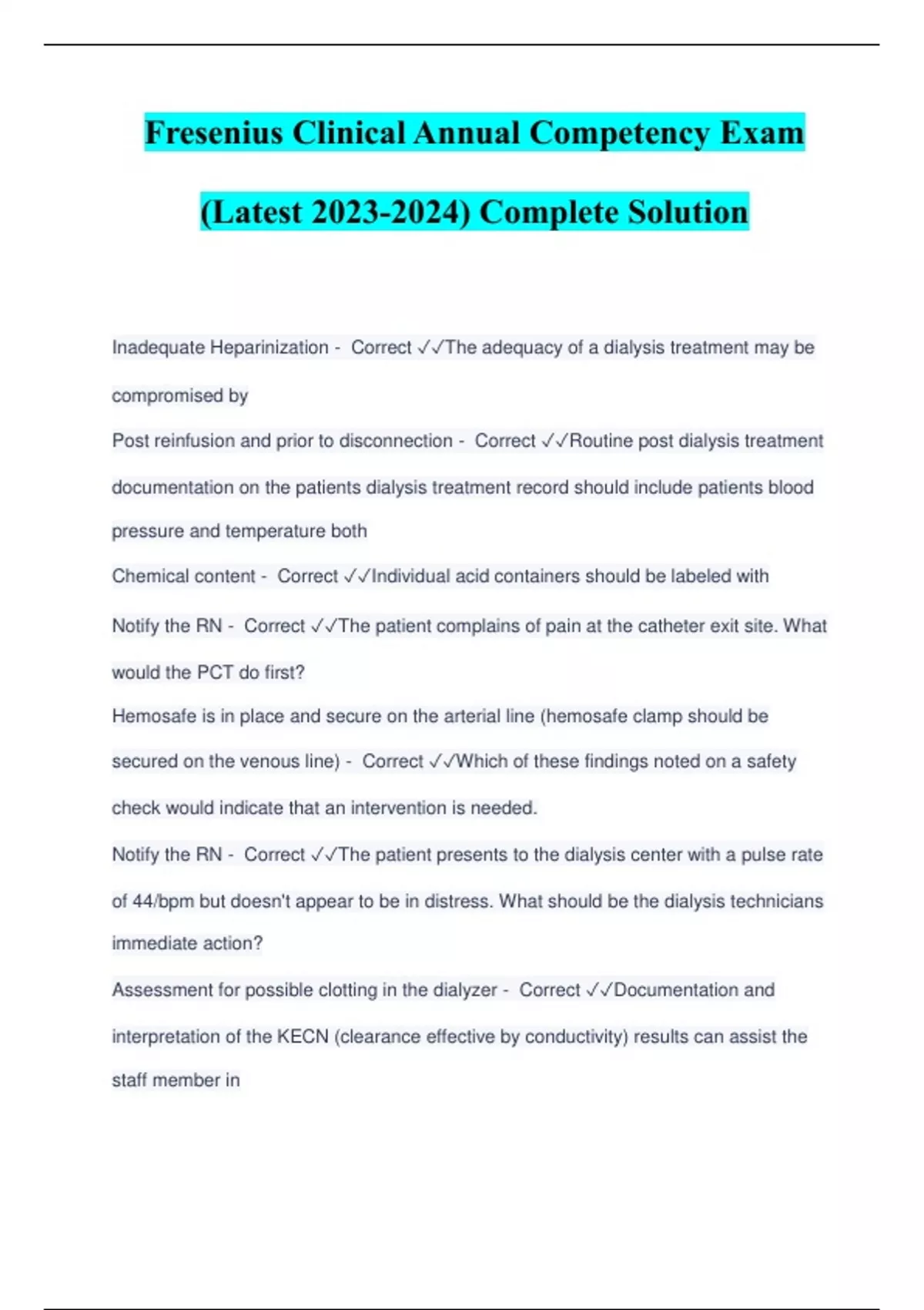 Fresenius Clinical Annual Competency Exam (Latest ) Complete Solution ...