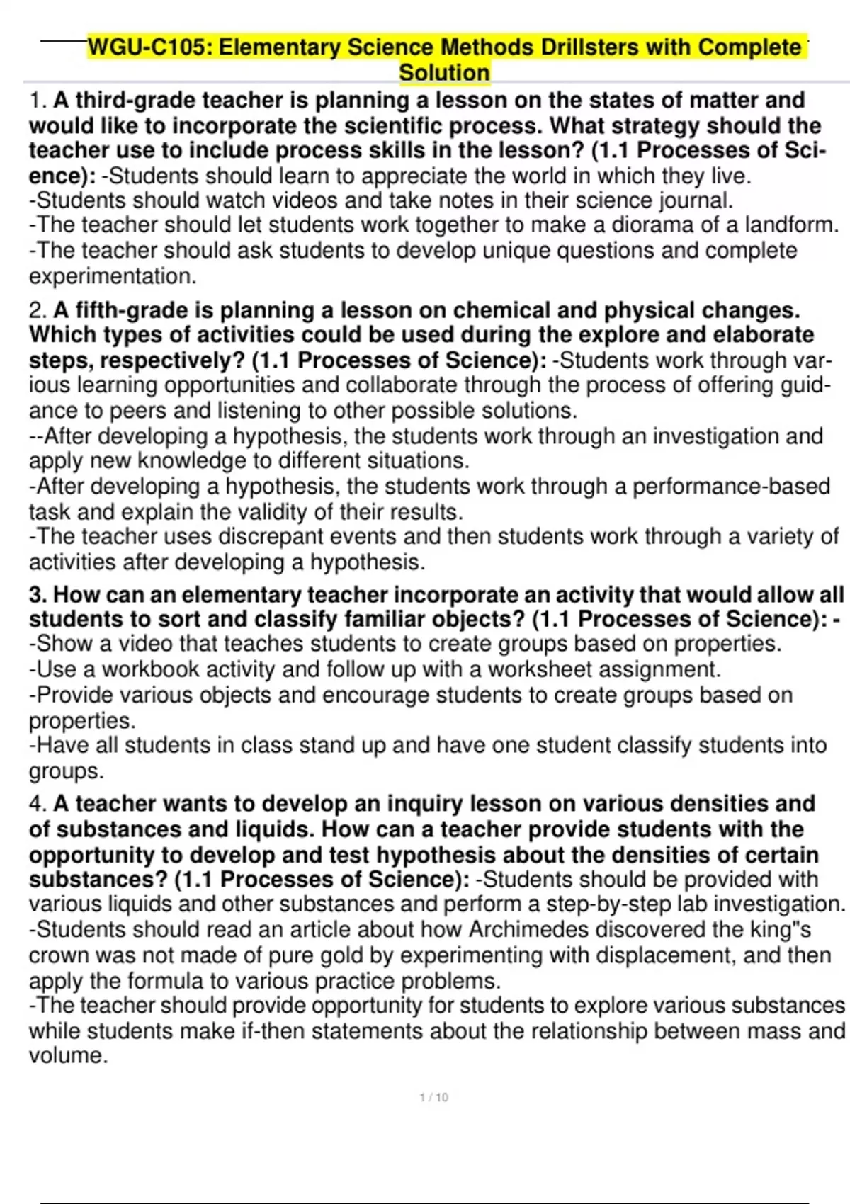 WGU-C105: Elementary Science Methods Drillsters Questions with Complete ...