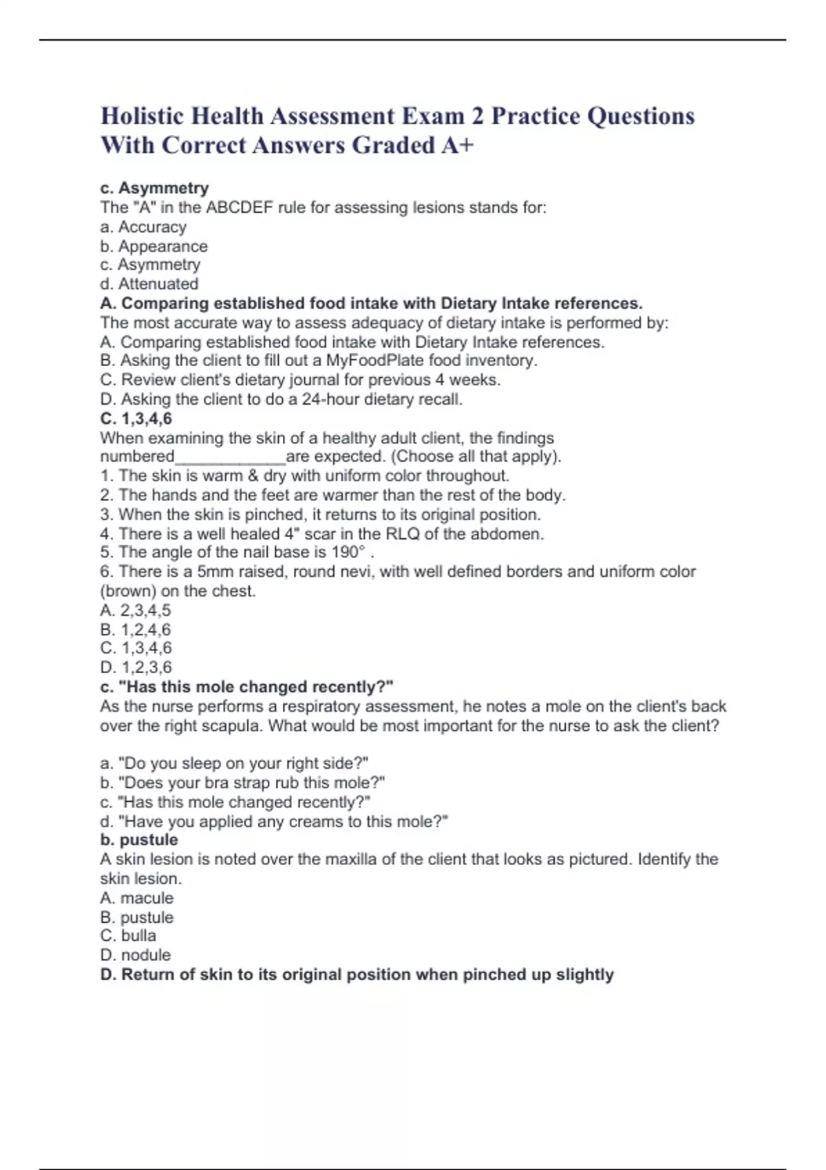 Holistic Health Assessment Exam 2 Practice Questions With Correct ...