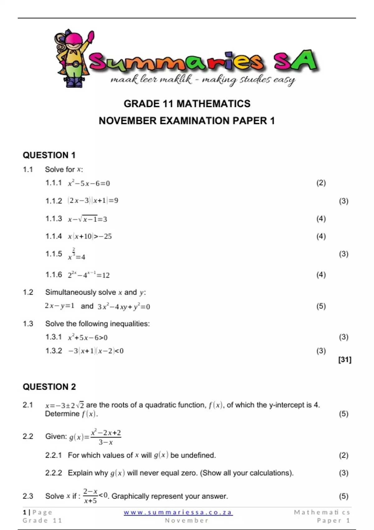 Grade 11 Mathematics (MATH) November Paper 2 and memo - 2023 (2 ...