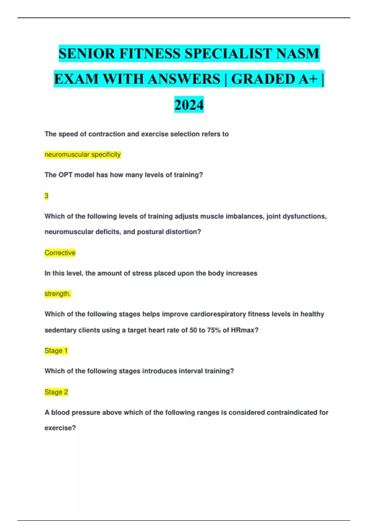 SENIOR FITNESS SPECIALIST NASM EXAM WITH ANSWERS | GRADED A+ | 2024 ...