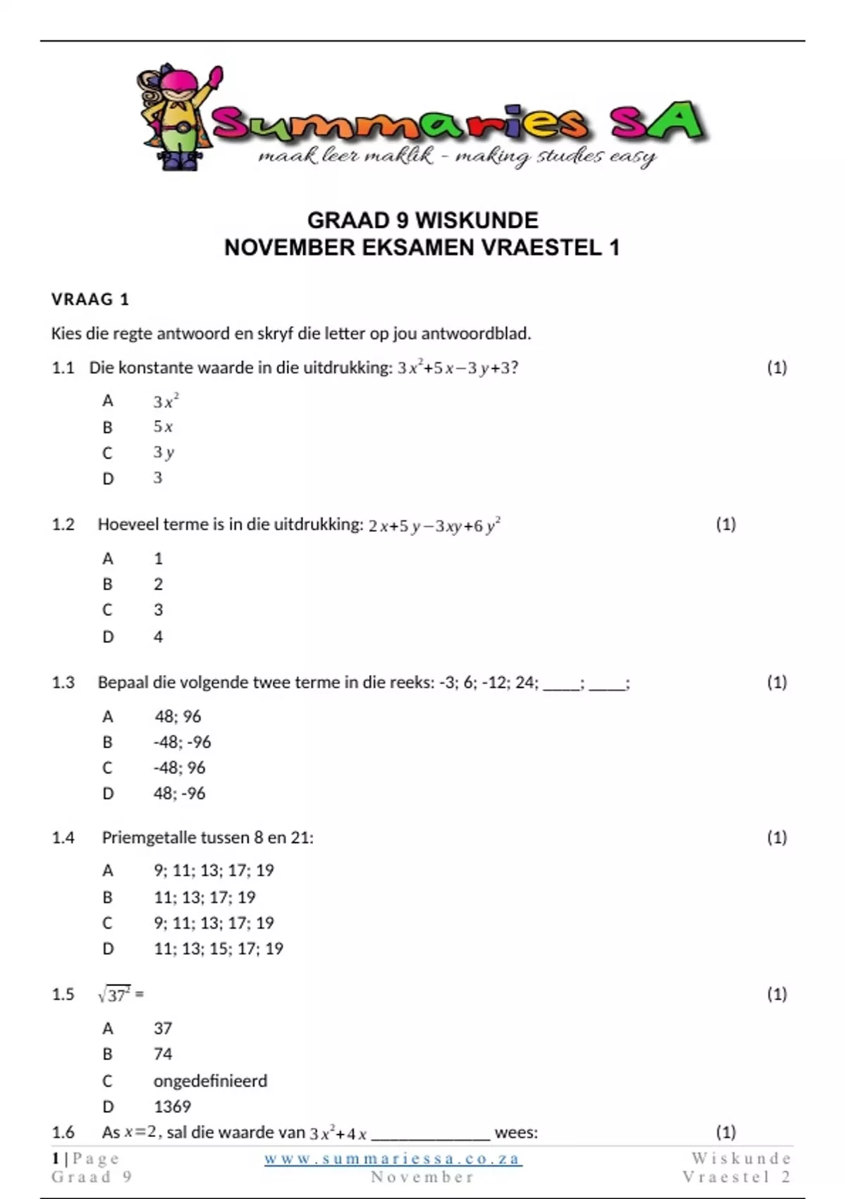 Graad 9 Wiskunde (WISK) November Vraestel 1 en Memo - 2023 ...