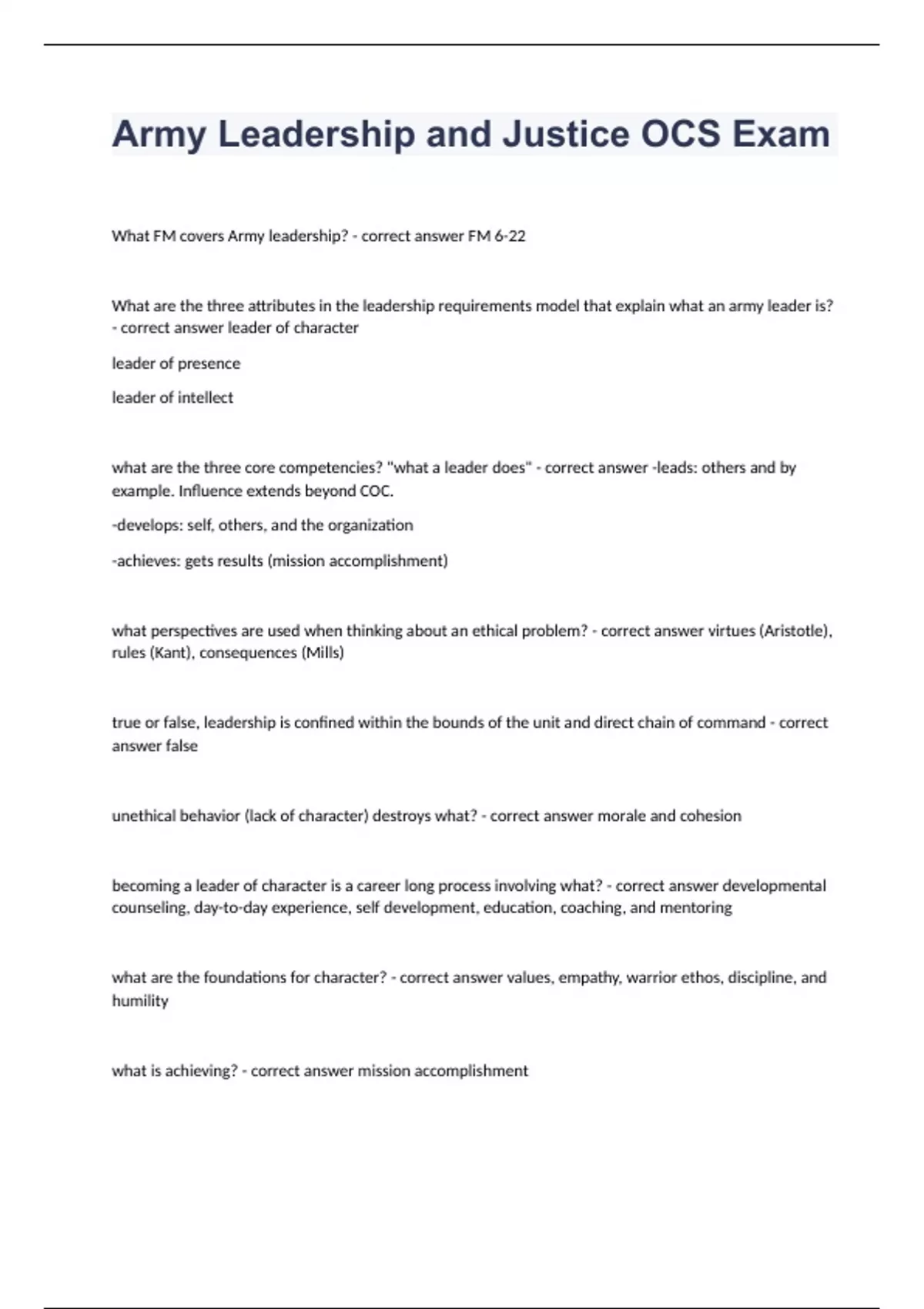 Army Leadership and Justice OCS Exam questions and answers rated A+ ...
