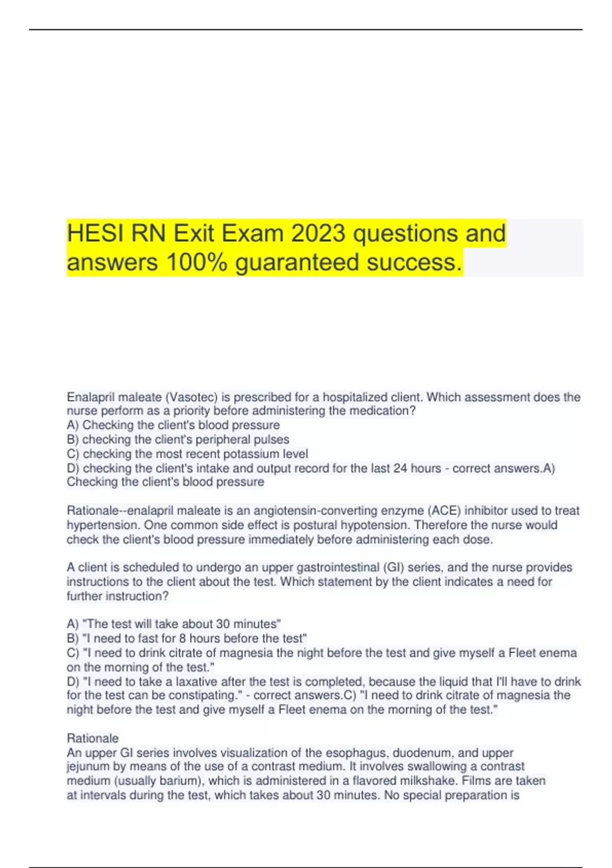 HESI RN Exit Exam 2023 questions and answers 100% guaranteed success ...