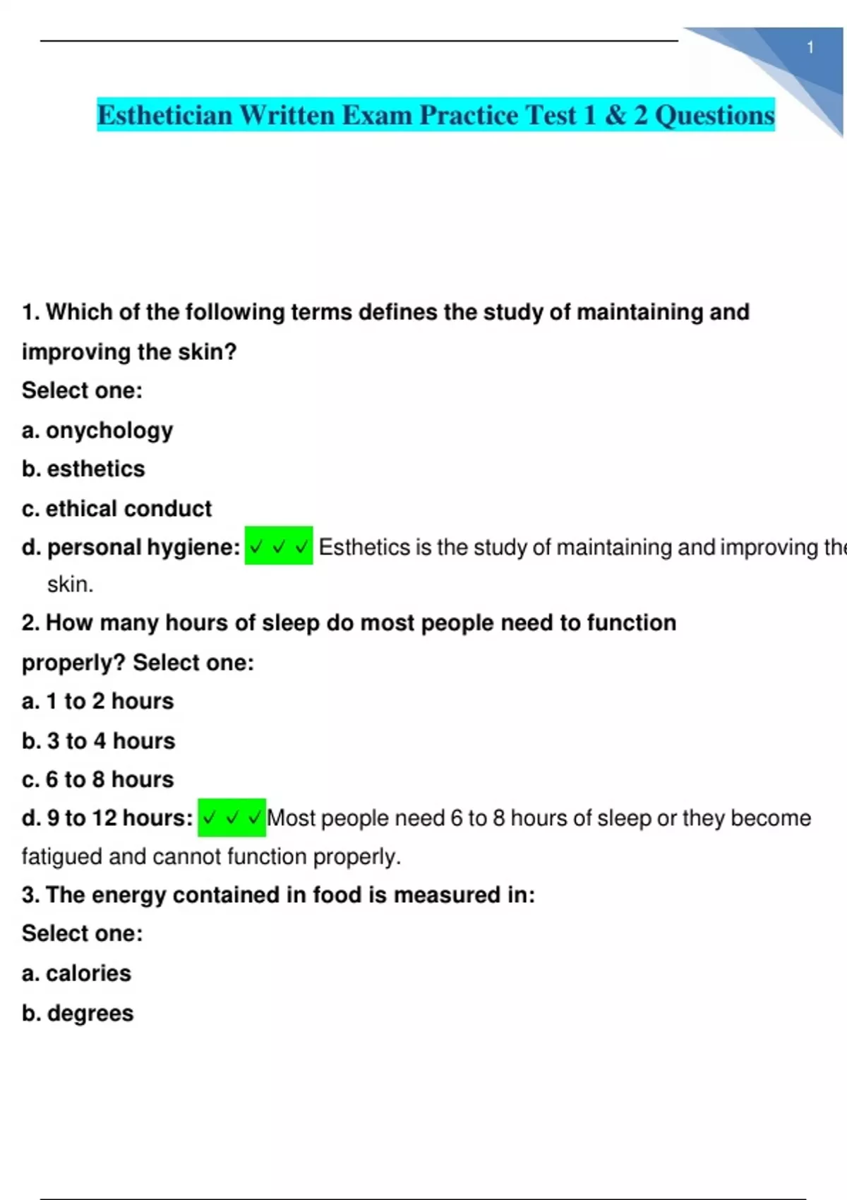 Esthetician Written Exam Practice Test 1 & 2 Questions with 100% ...
