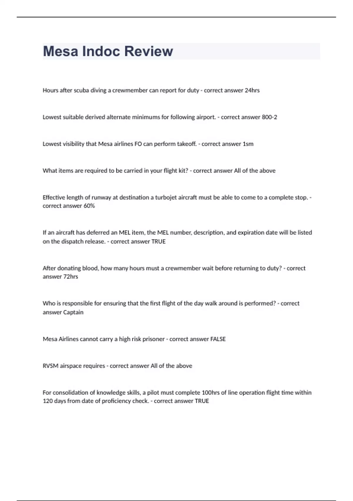 Mesa Indoc Review 2023/2024 updated to pass - Mesa Airlines - Stuvia US