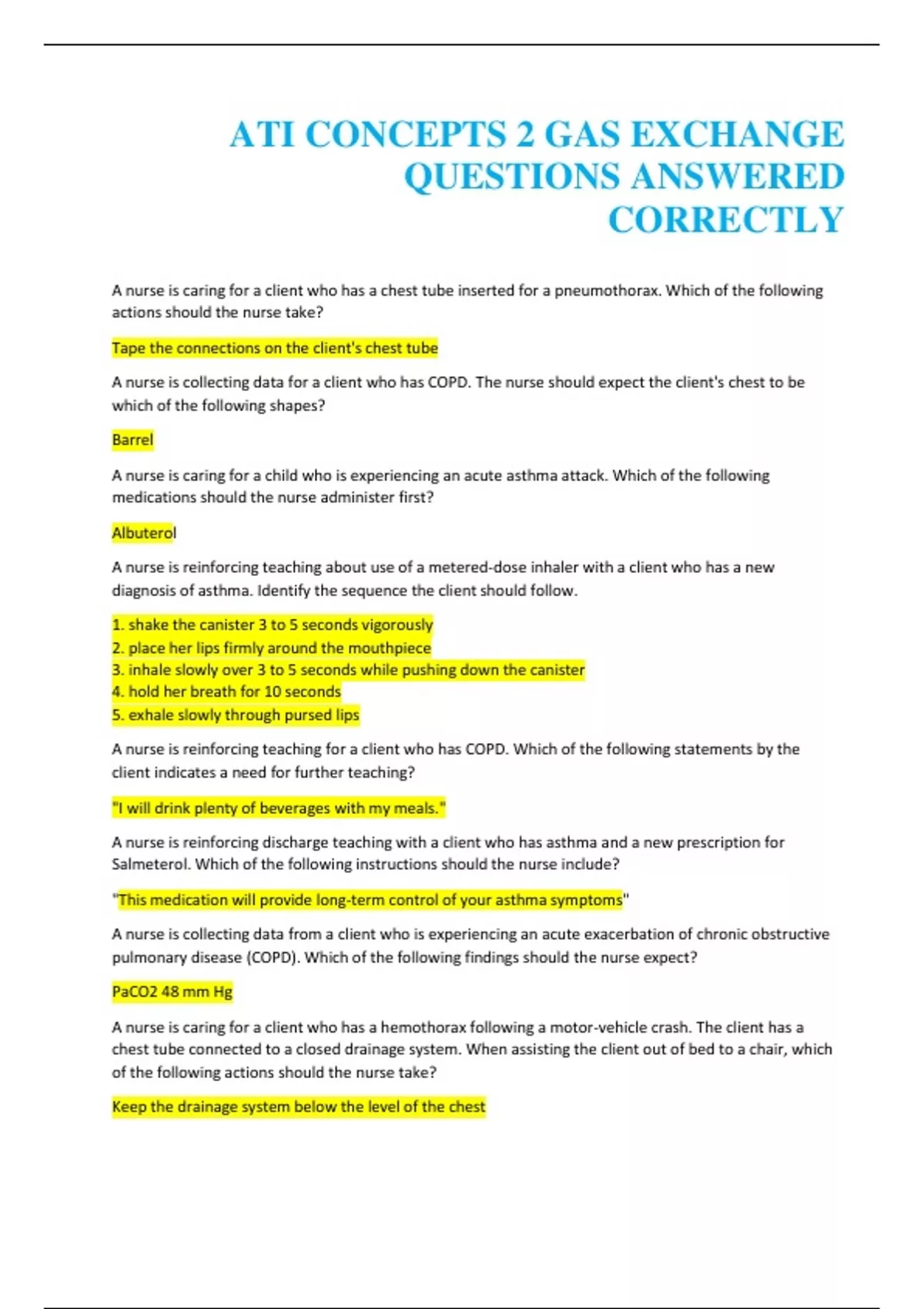 ATI CONCEPTS 2 GAS EXCHANGE QUESTIONS ANSWERED CORRECTLY - ATI CONCEPTS ...
