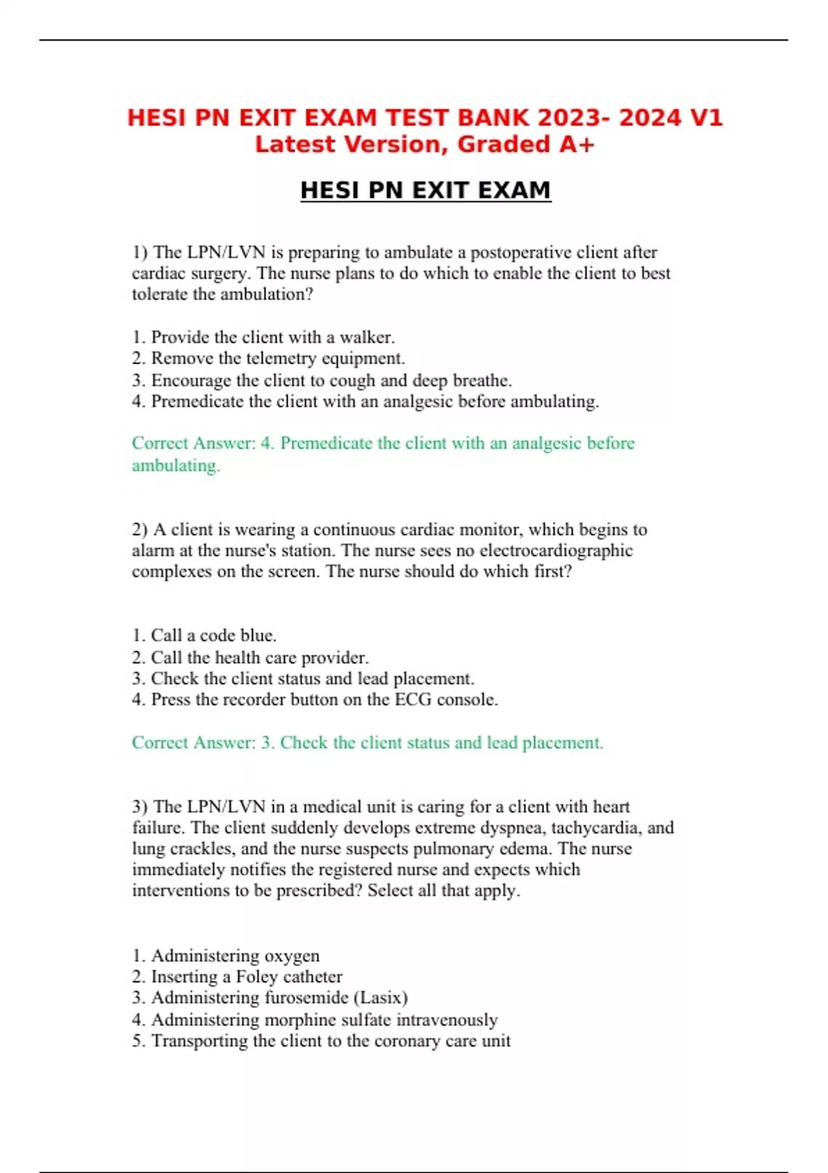 HESI PN EXIT EXAM TEST BANK V1 Latest Version, Graded A+ - HESI PN EXIT ...