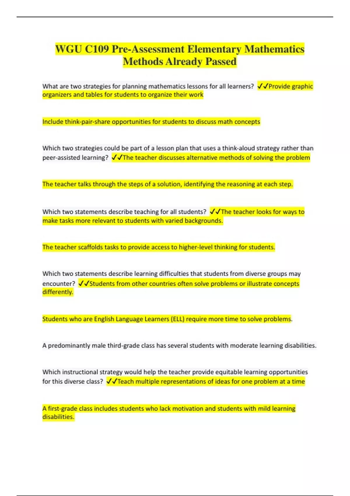 WGU C109 Pre-Assessment Elementary Mathematics Methods Questions with ...