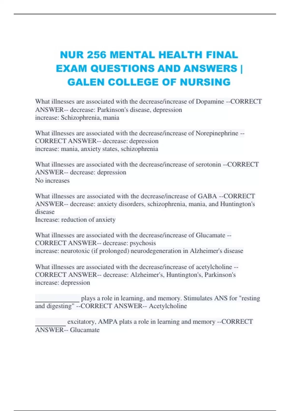 NUR 256 MENTAL HEALTH FINAL EXAM QUESTIONS AND ANSWERS | GALEN COLLEGE ...