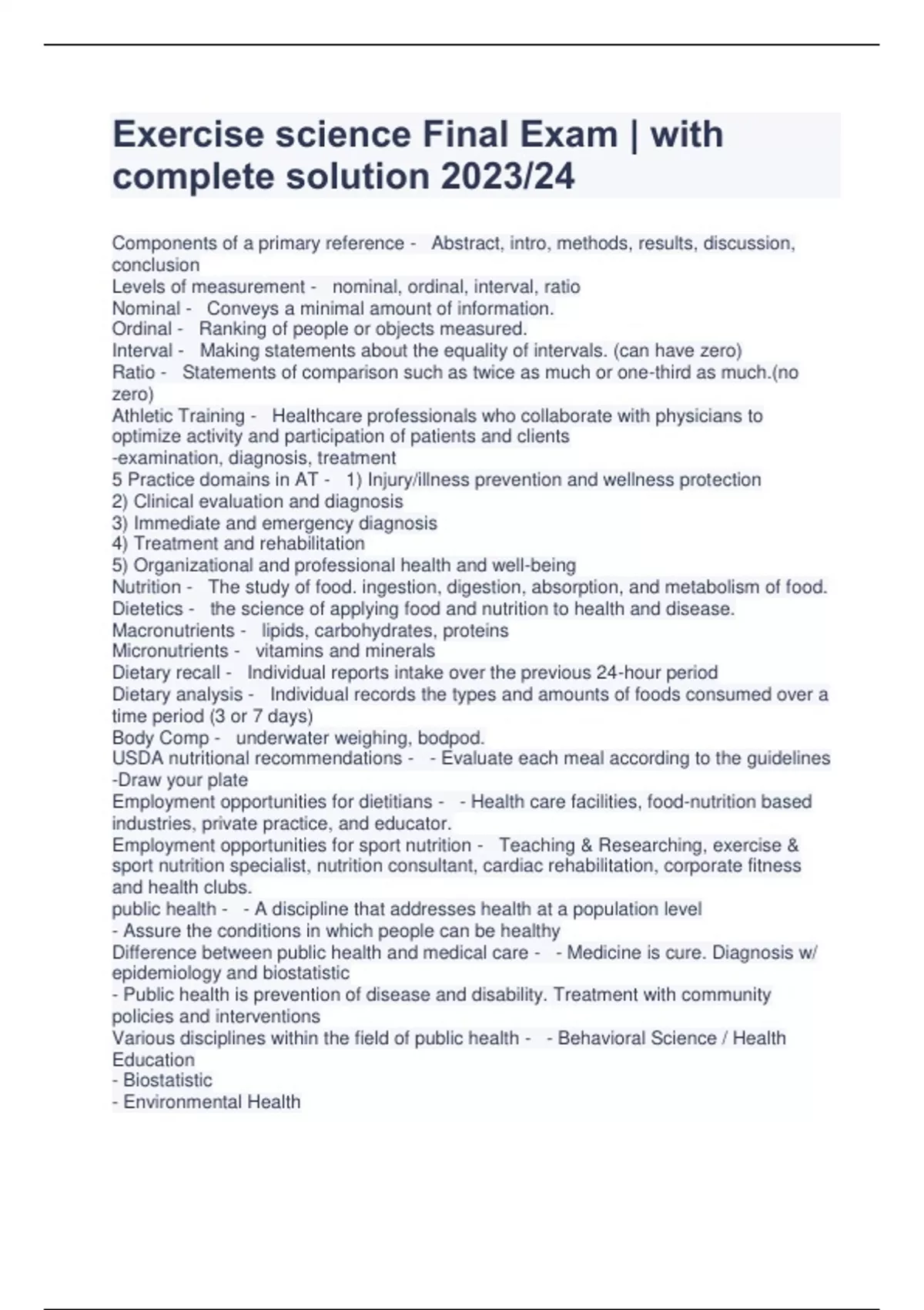 Exercise science Final Exam | with complete solution 2023/24 - Exercise ...
