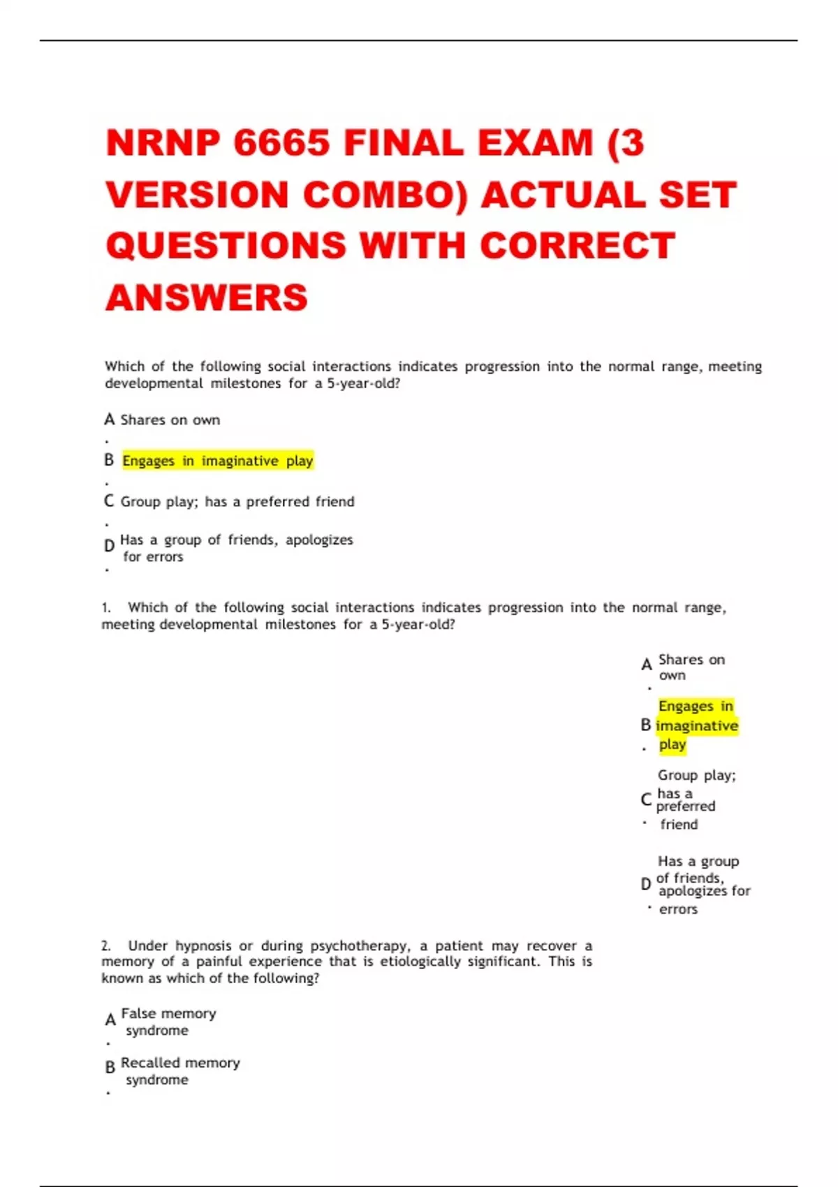 NRNP 6665 FINAL EXAM (3 VERSION COMBO) ACTUAL SET QUESTIONS WITH ...