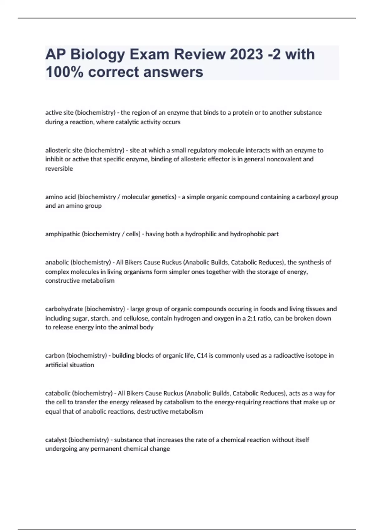 AP Biology Exam Review 2023 -2 with 100% correct answers - AP Biology ...