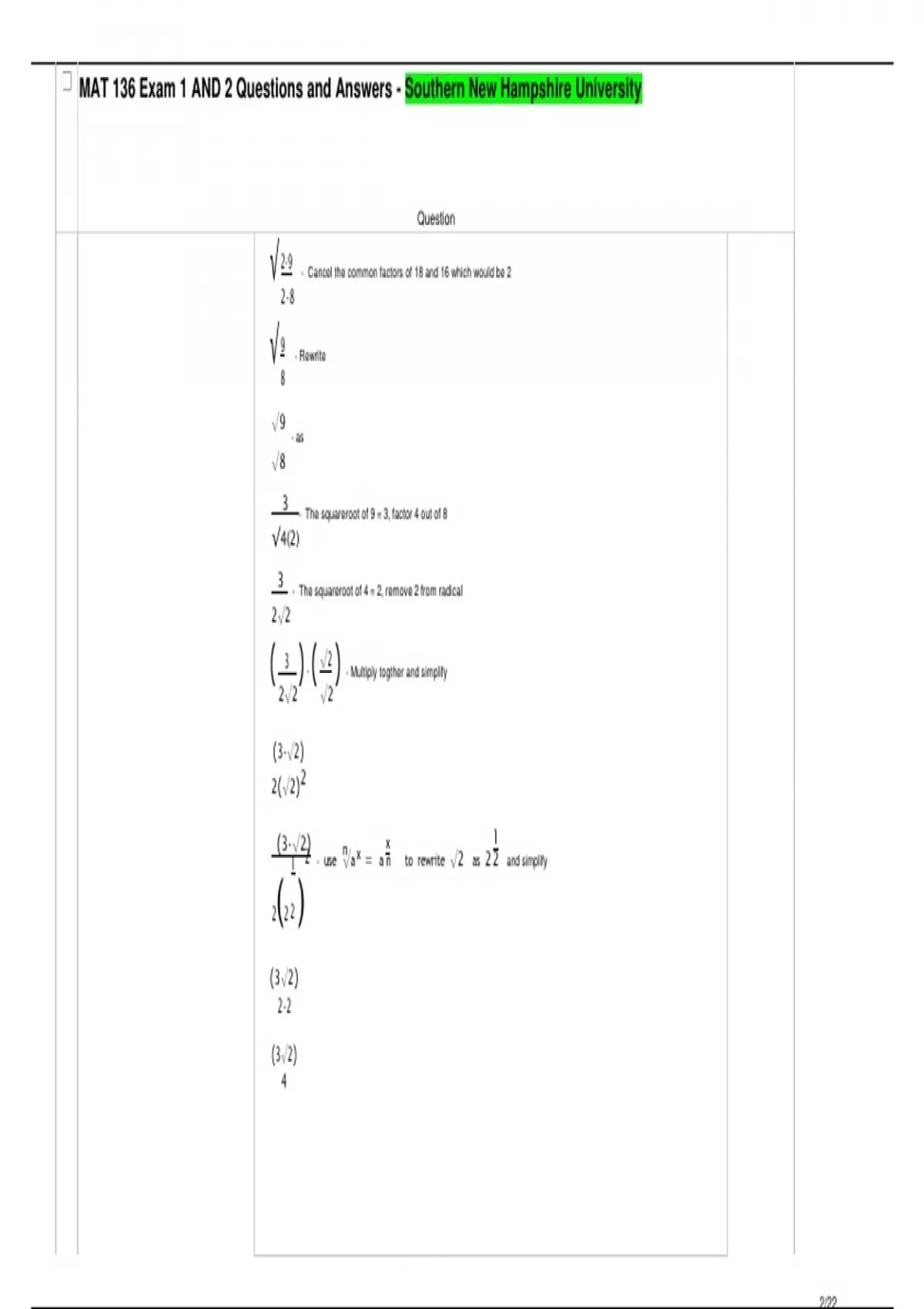 MAT 136 Exam 1 AND 2 Questions and Answers - Southern New Hampshire ...