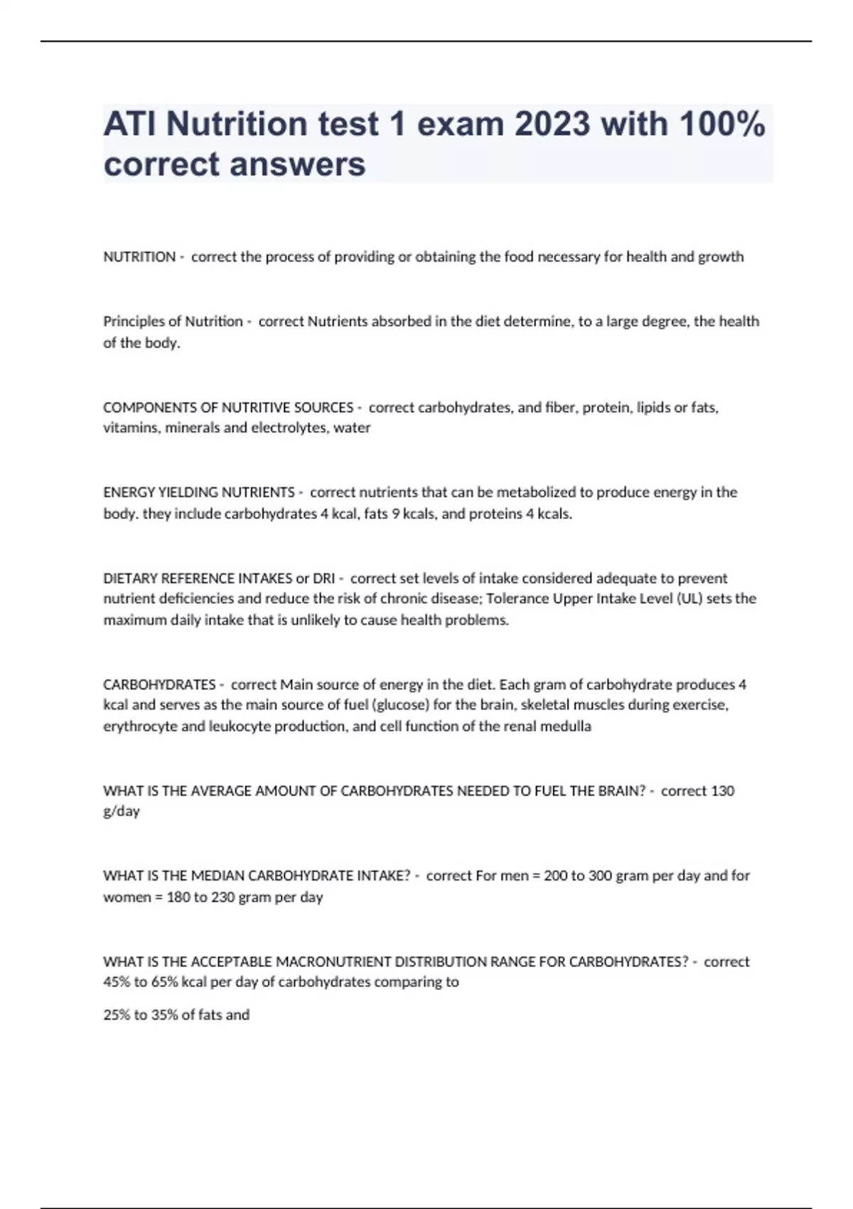 ATI Nutrition test 1 exam 2023 with 100% correct answers - ATI ...