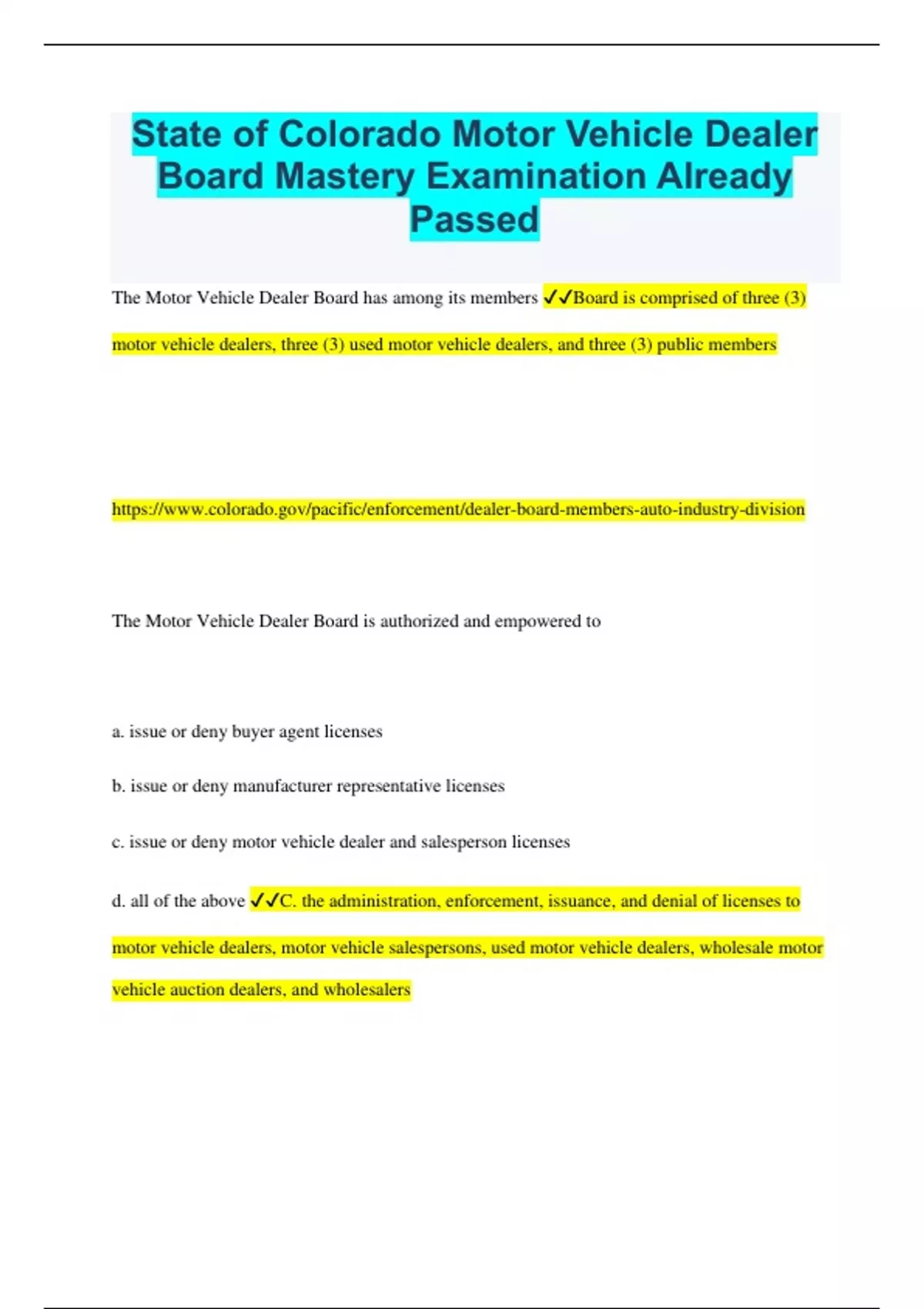 State of Colorado Motor Vehicle Dealer Board Mastery Examination ...