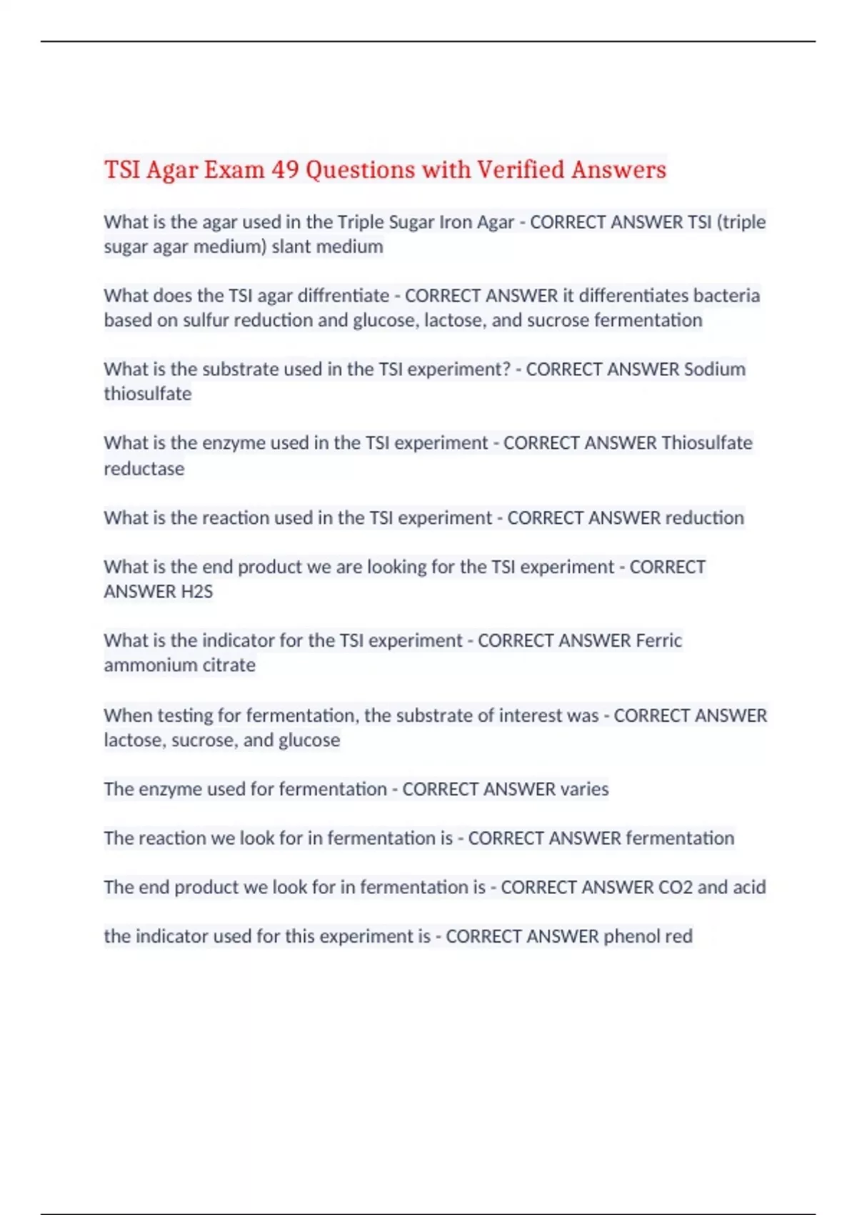 TSI Agar Exam 49 Questions with Verified Answers,100% CORRECT - TSI Agar - Stuvia US