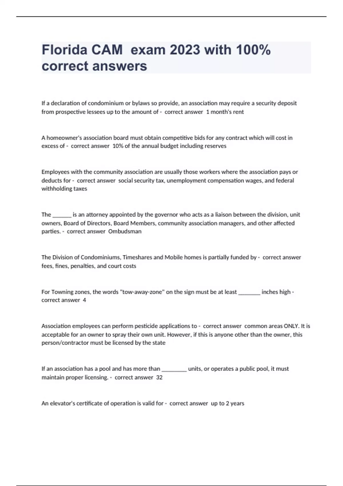 Florida CAM exam 2023 with 100% correct answers - Florida CAM - Stuvia US