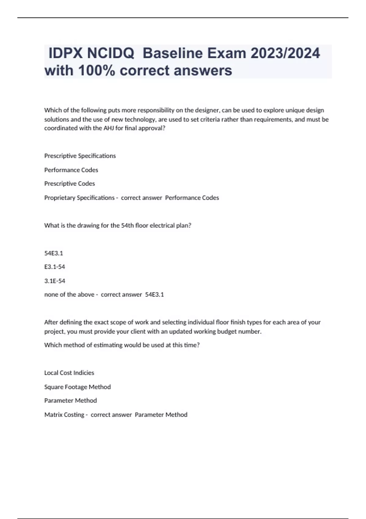 IDPX NCIDQ Baseline Exam 2023/2024 with 100% correct answers - IDPX ...