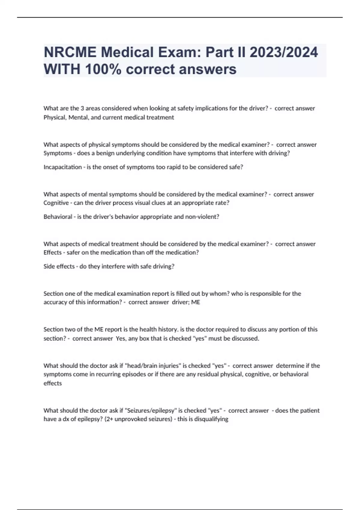 NRCME Medical Exam: Part II 2023/2024 WITH 100% correct answers - NRCME ...