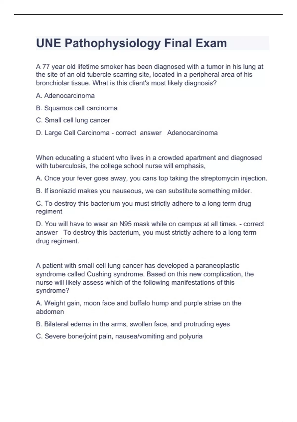 UNE Pathophysiology Final Exam Question and answers 100% correct 2023/2024 - Patho - Stuvia US