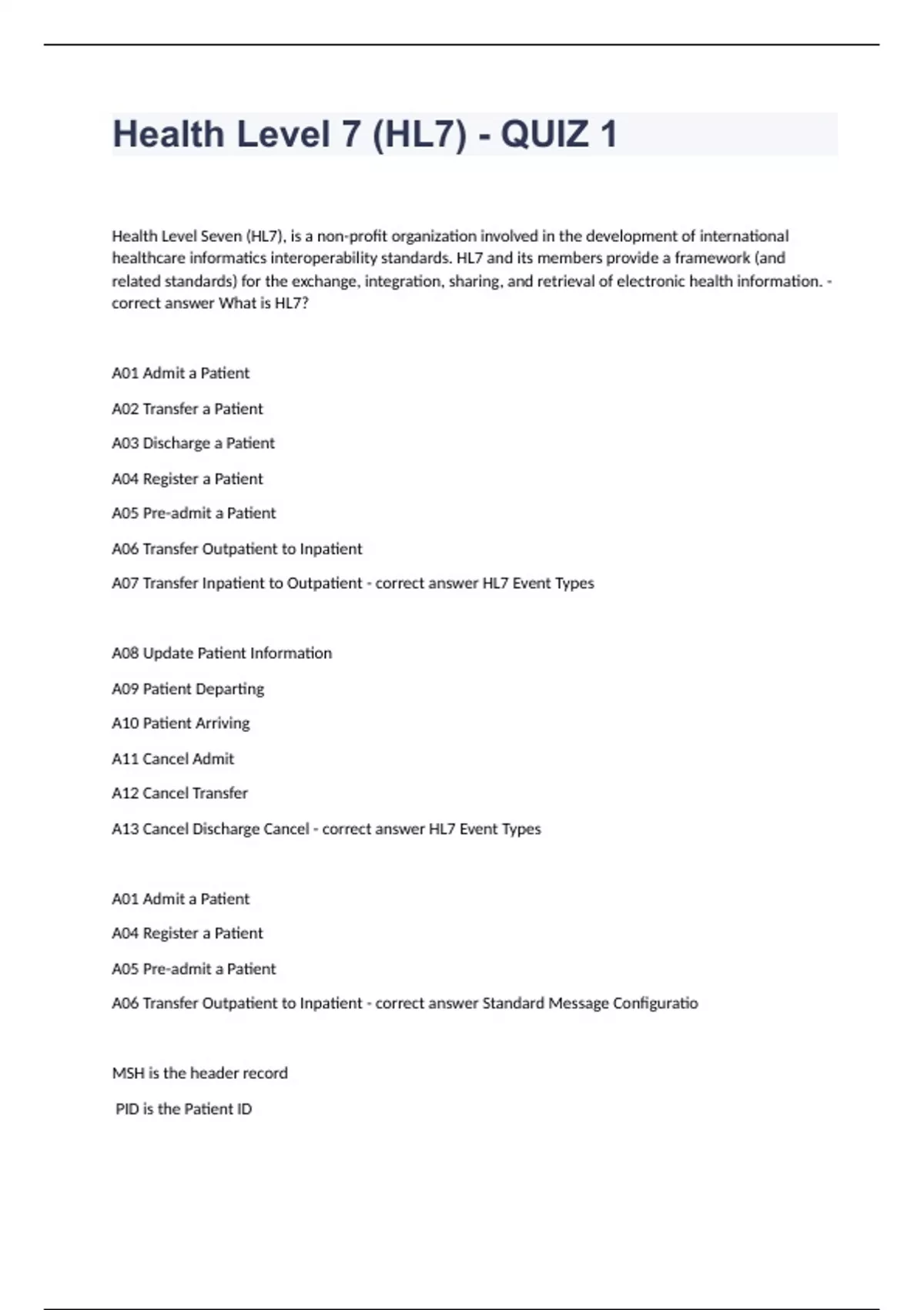 Health Level 7 (HL7) - QUIZ 1 with verified solutions 2023/2024 - CDA - Stuvia US
