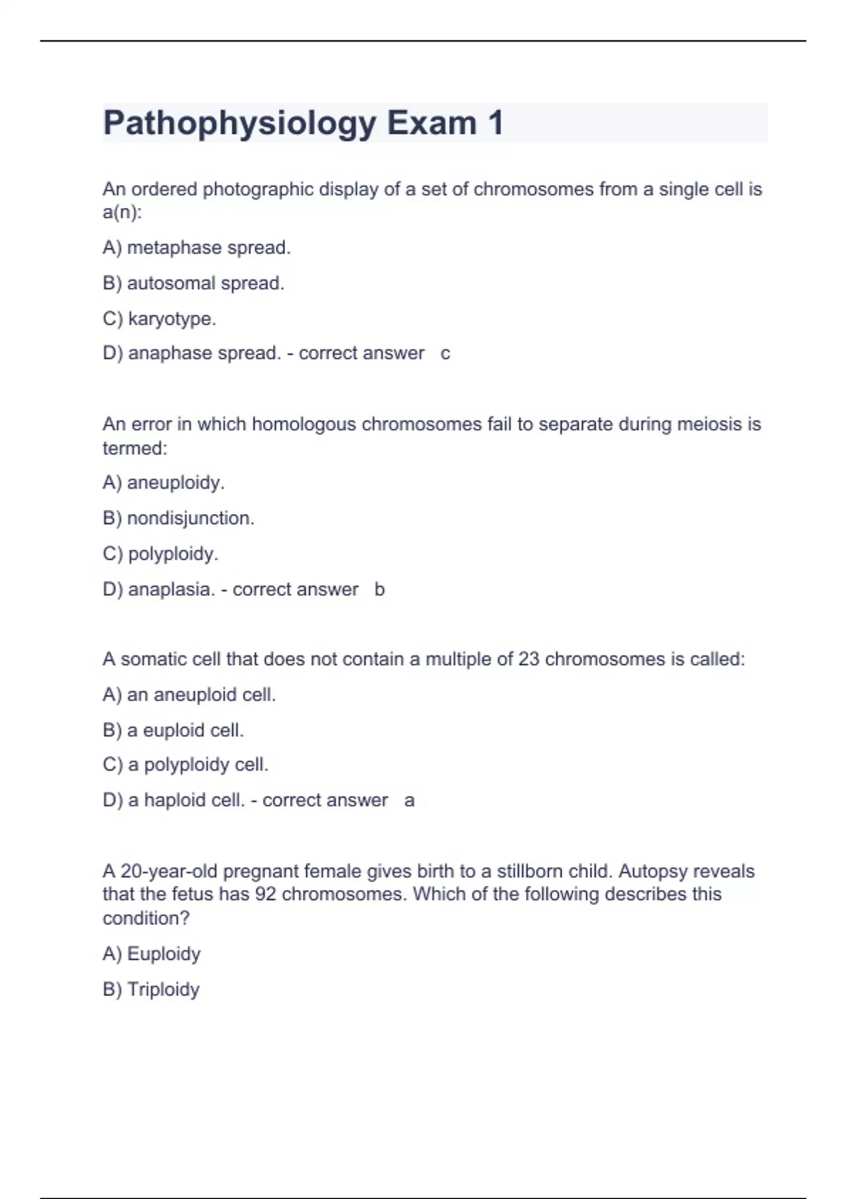 Pathophysiology Exam 1 Question and answers correctly solved 2023/2024 - Patho - Stuvia US