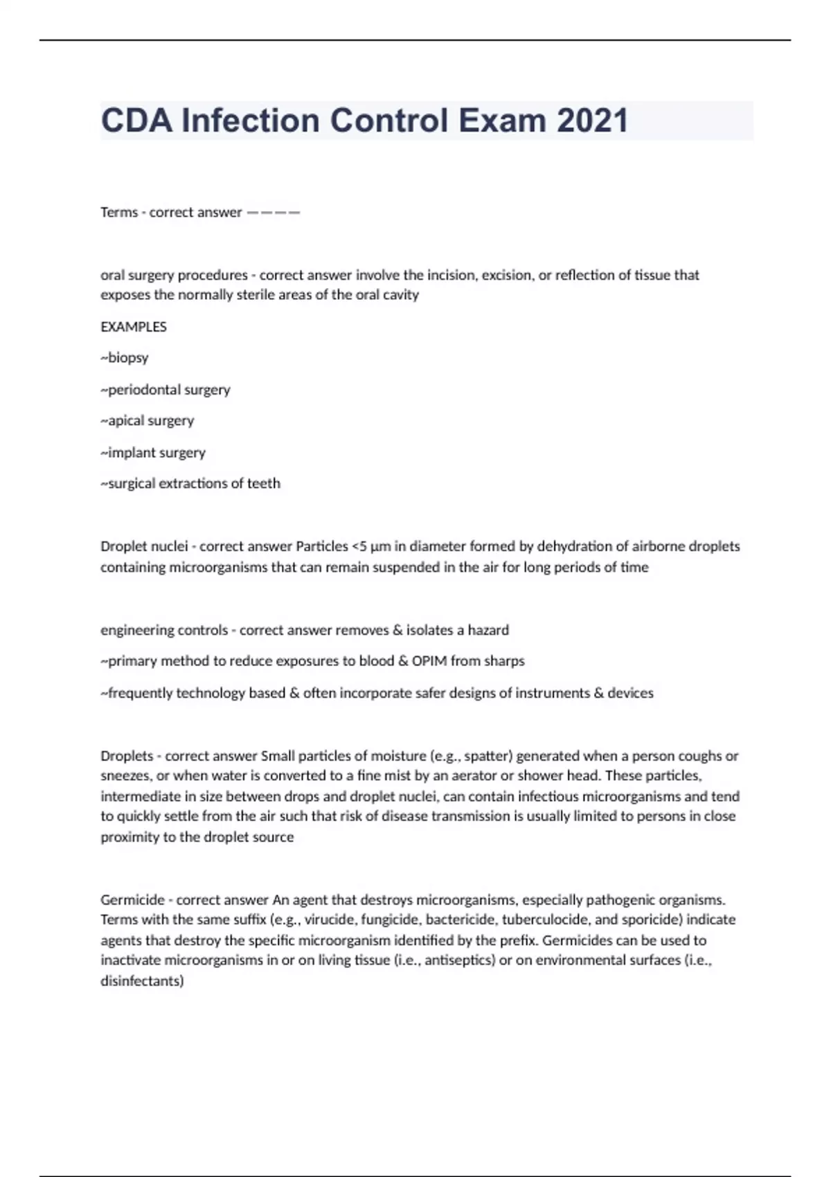 CDA Infection Control Exam 2021 updated to pass - CDA - Stuvia US