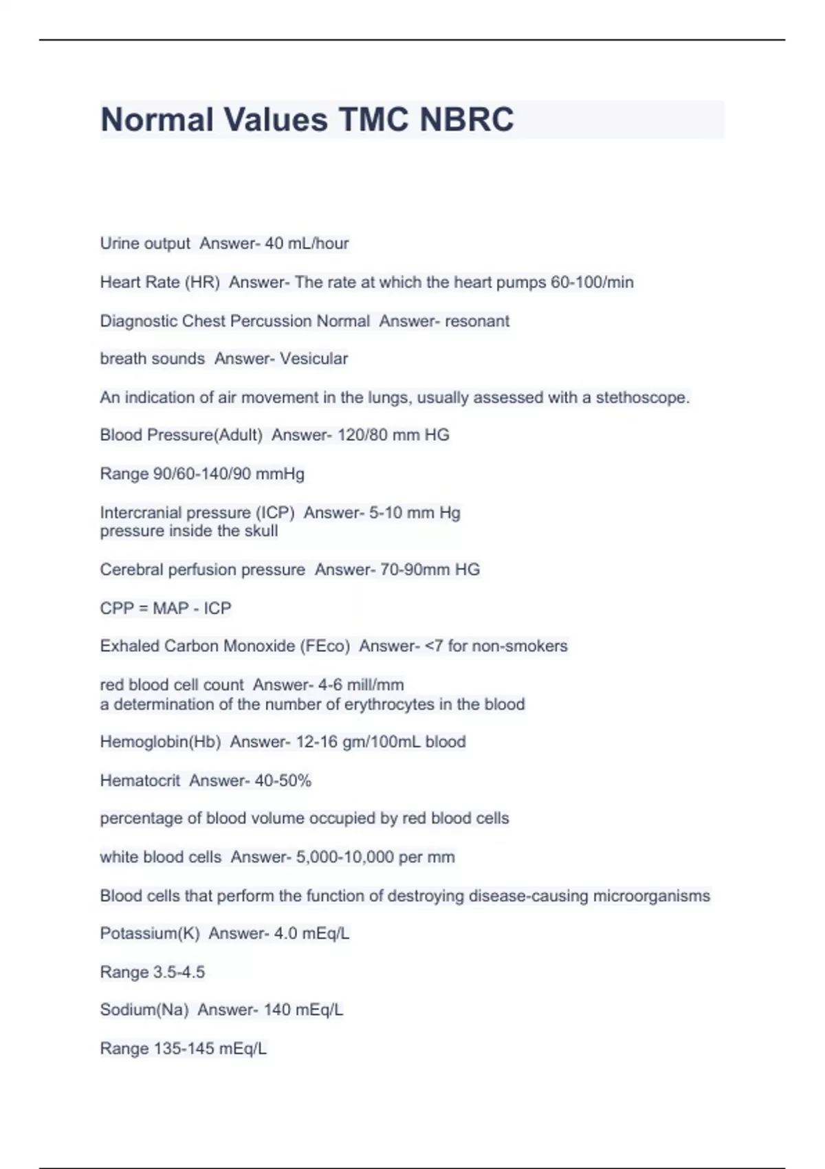 Normal Values TMC NBRC - TMC NBRC - Stuvia US