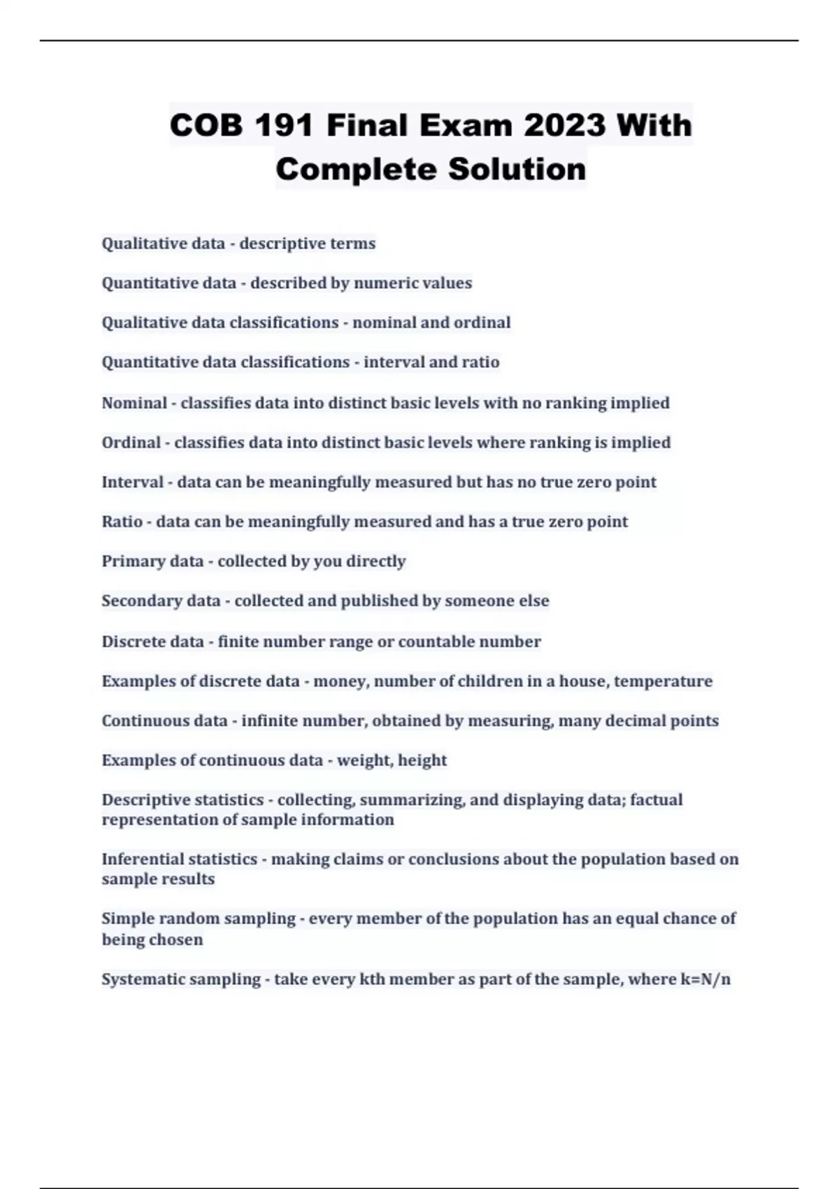 COB 191 Final Exam 2023 With Complete Solution - COB 191 - Stuvia US