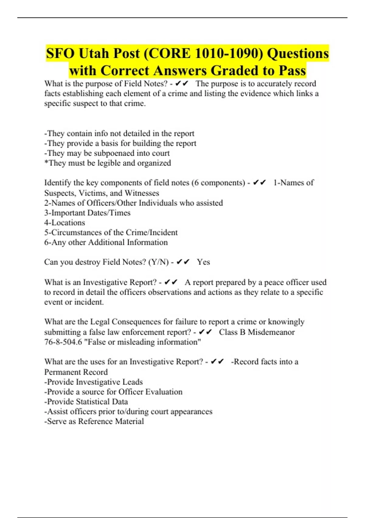 SFO Utah Post (CORE ) Questions with Correct Answers Graded to Pass ...