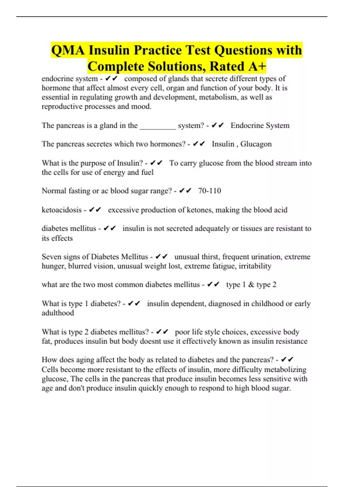 QMA Insulin Practice Test Questions with Complete Solutions, Rated A+ ...