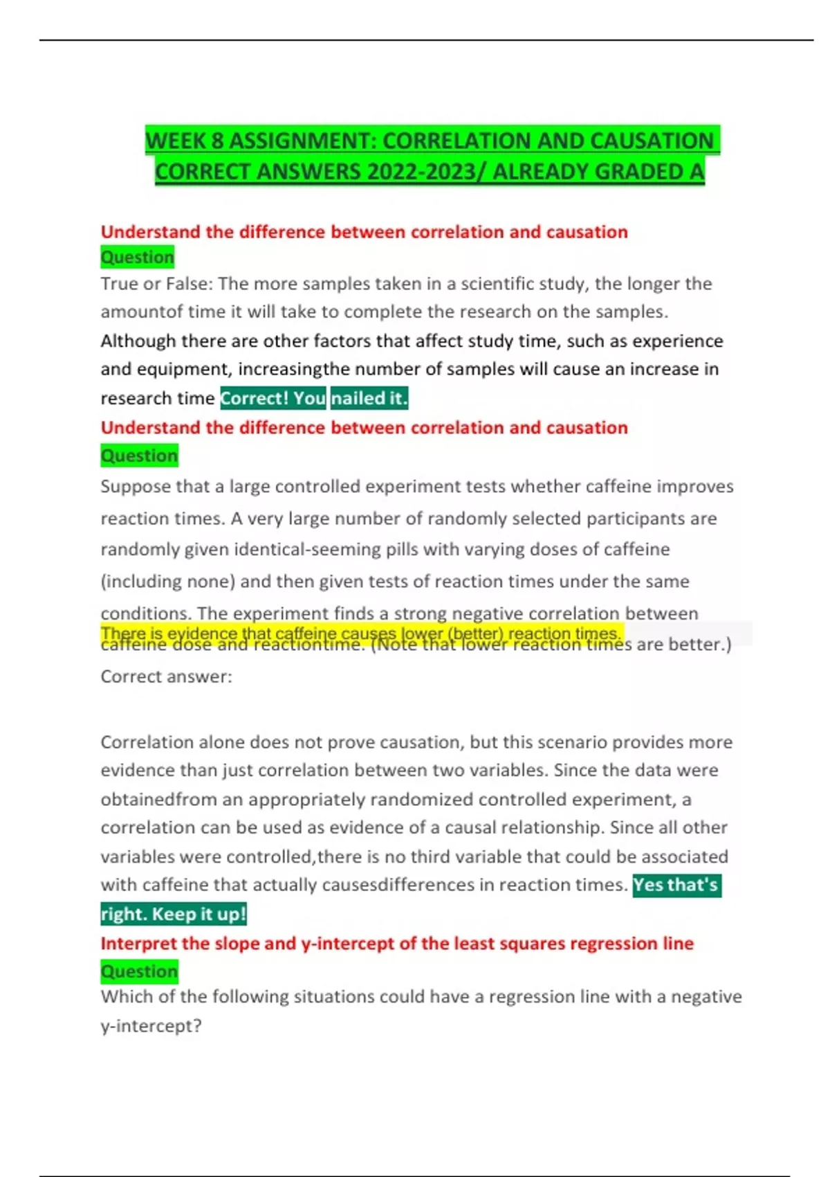WEEK 8 ASSIGNMENT: CORRELATION AND CAUSATION CORRECT ANSWERS / ALREADY GRADED AWEEK 8 ASSIGNMENT ...