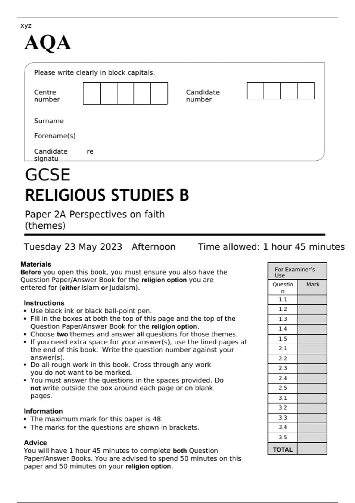 AQA GCSE RELIGIOUS STUDIES B Paper 2A JUNE 2023 QUESTION PAPER ...