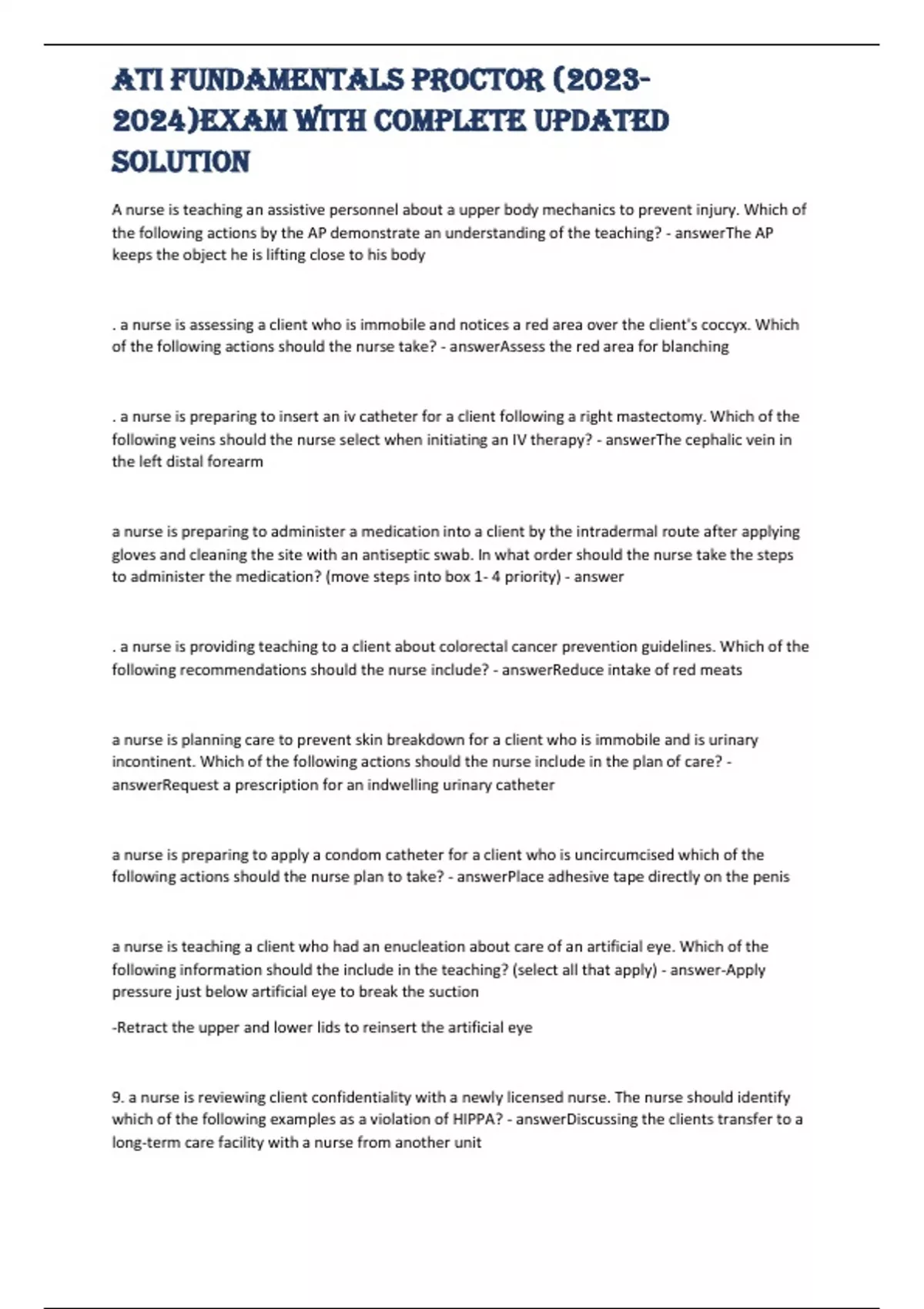 ATI FUNDAMENTALS PROCTOR ()Exam with complete updated solution - ATI ...