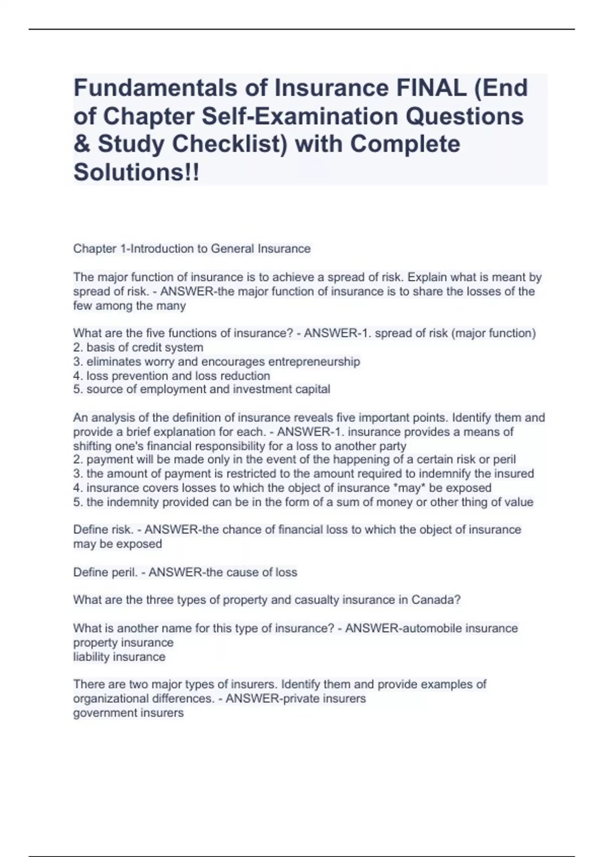 Fundamentals of Insurance FINAL (End of Chapter Self-Examination ...
