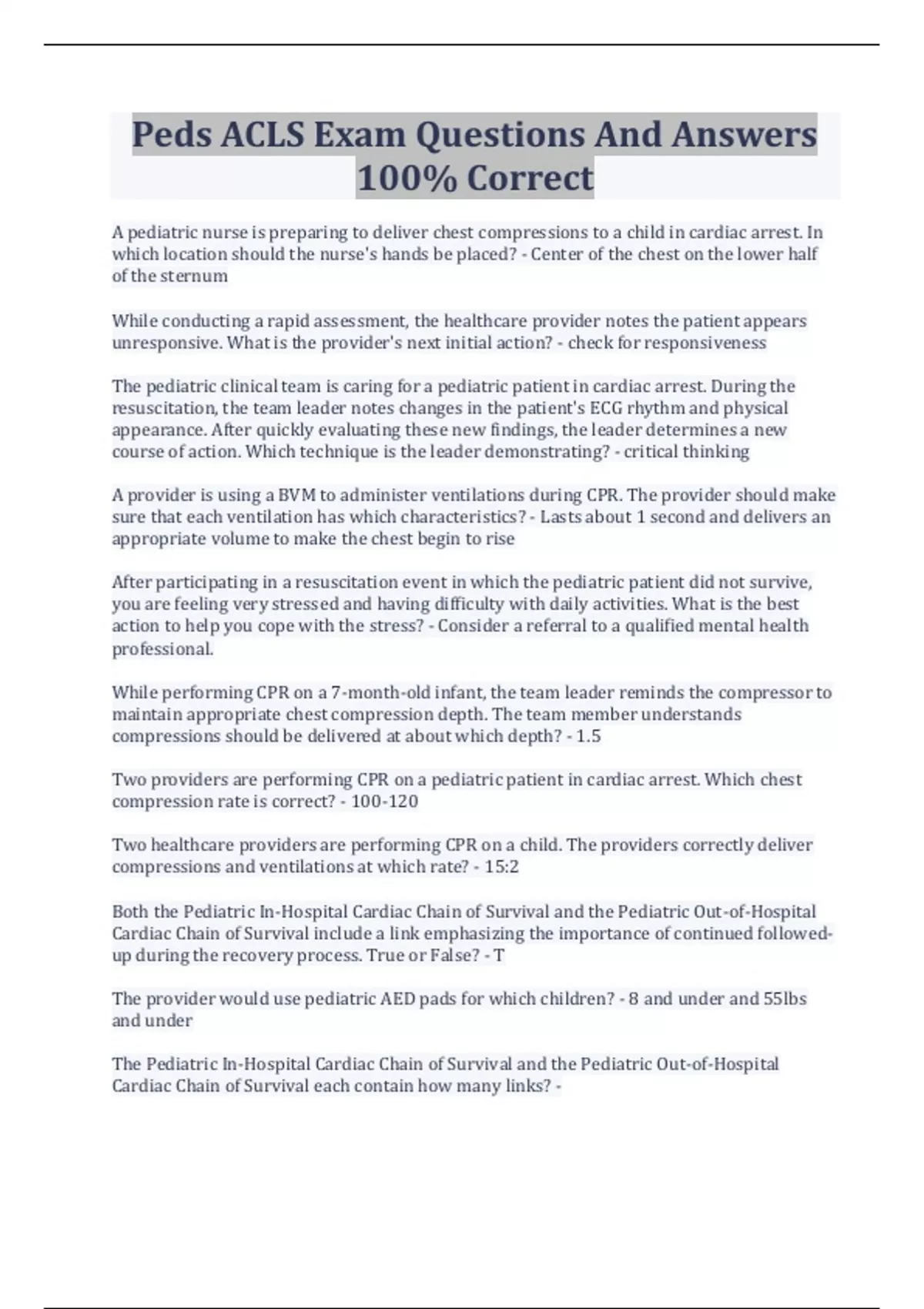 Peds ACLS Exam Questions And Answers 100% Correct - Nursing peds ...